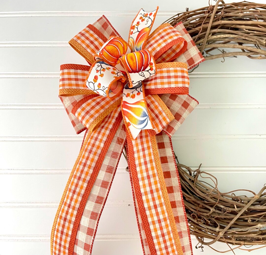 Fall Gingham Check Bow for Lantern or Wreath, Thanksgiving Pumpkin and ...