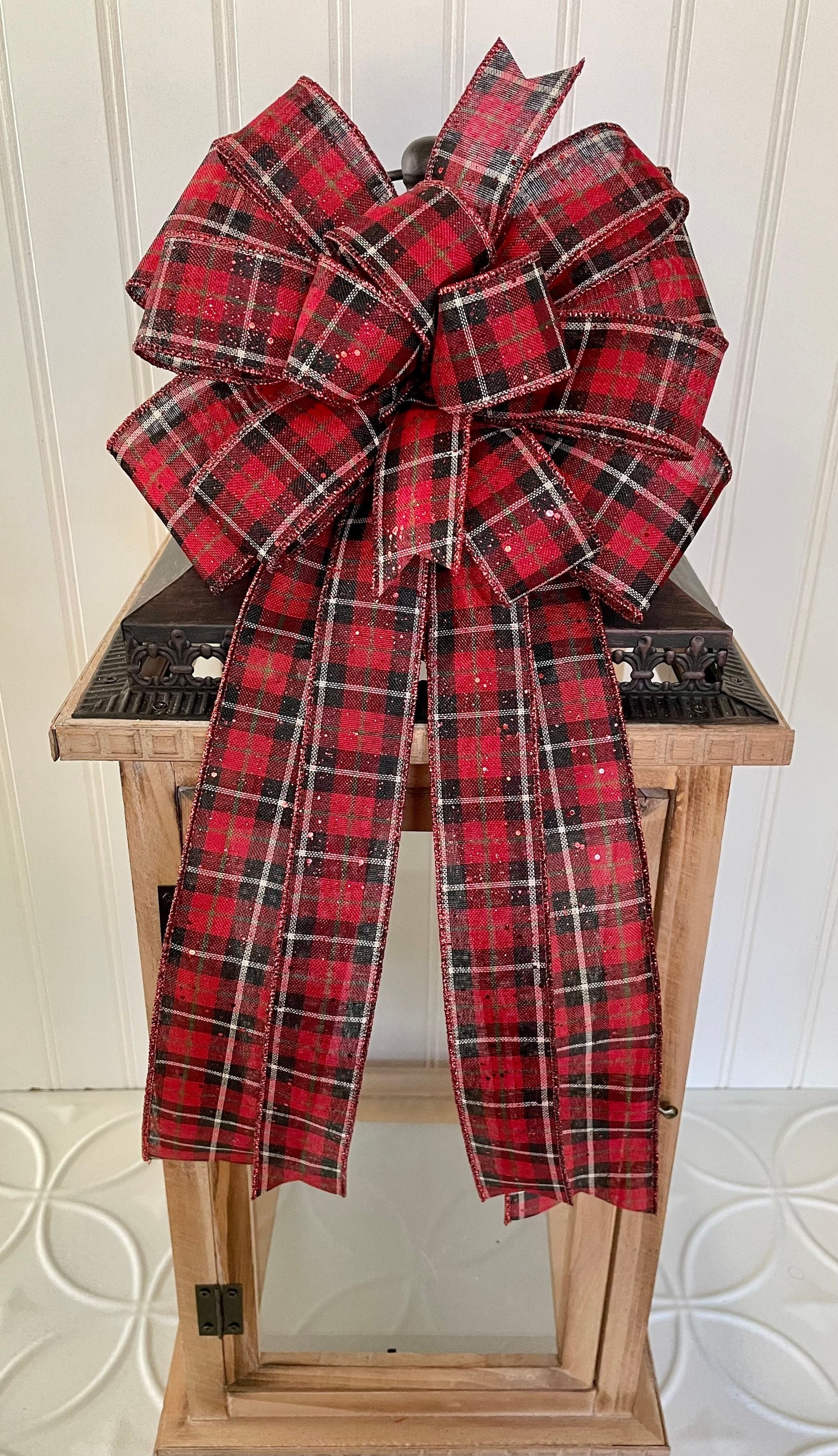 Plaid Check Christmas Bow, Red and Black Xmas Farmhouse Bow, Winter ...
