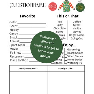 Secret Santa Questionnaire Printable Wish List Christmas Gift Idea ...