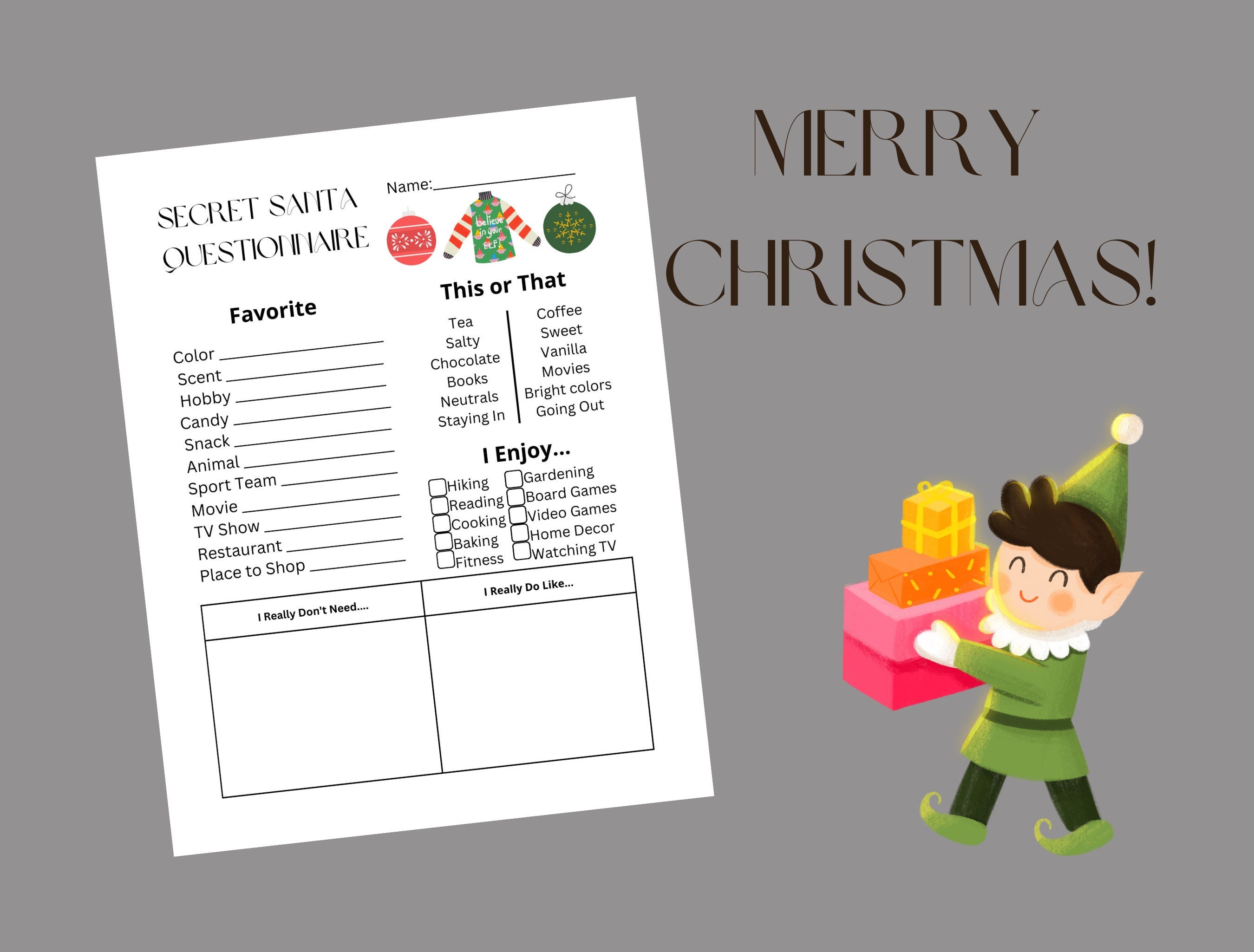 Secret Santa Questionnaire Printable Wish List Christmas Gift Idea ...