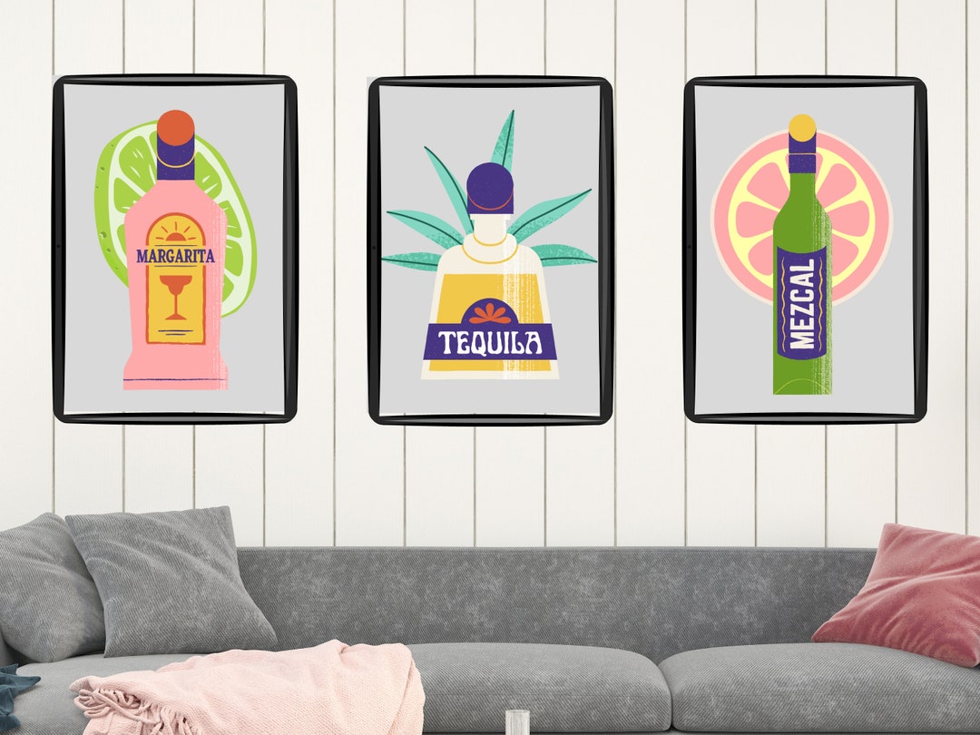 Retro Tequila Bottles Wall Art Gallery, Vintage Set of Liquor Posters ...