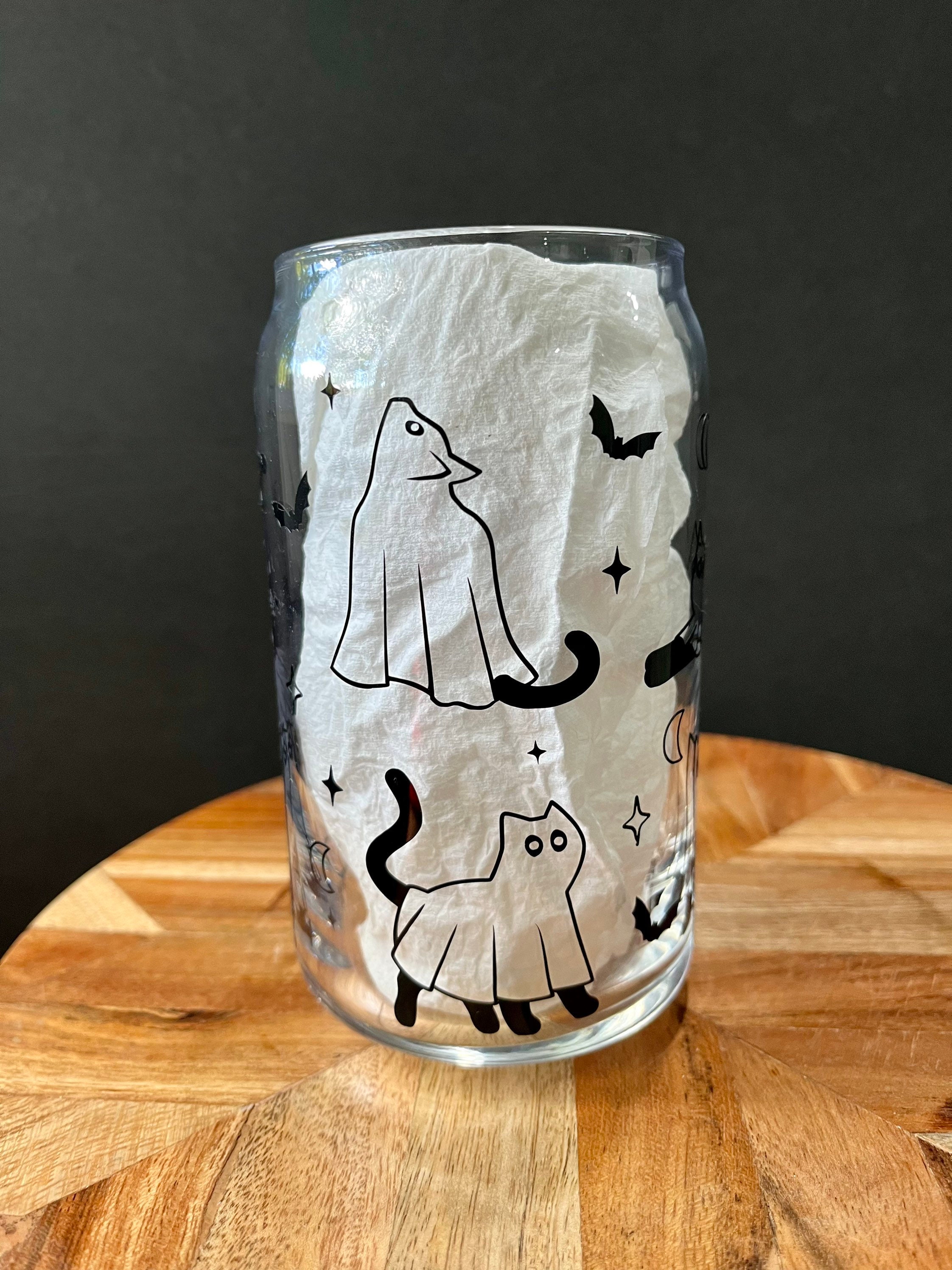 Cat Glass Cup | Cat Ghost Glass | Iced Coffee Glass | Glass With Lid ...