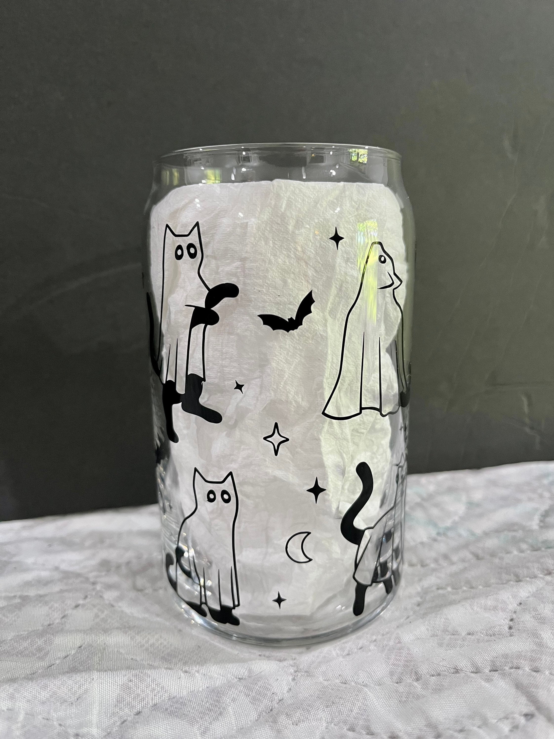 Cat Glass Cup | Cat Ghost Glass | Iced Coffee Glass | Glass With Lid ...