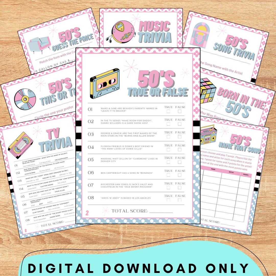 50s Games Bundle Printable, 50s Activities, 50s Party Games, 50s Trivia ...