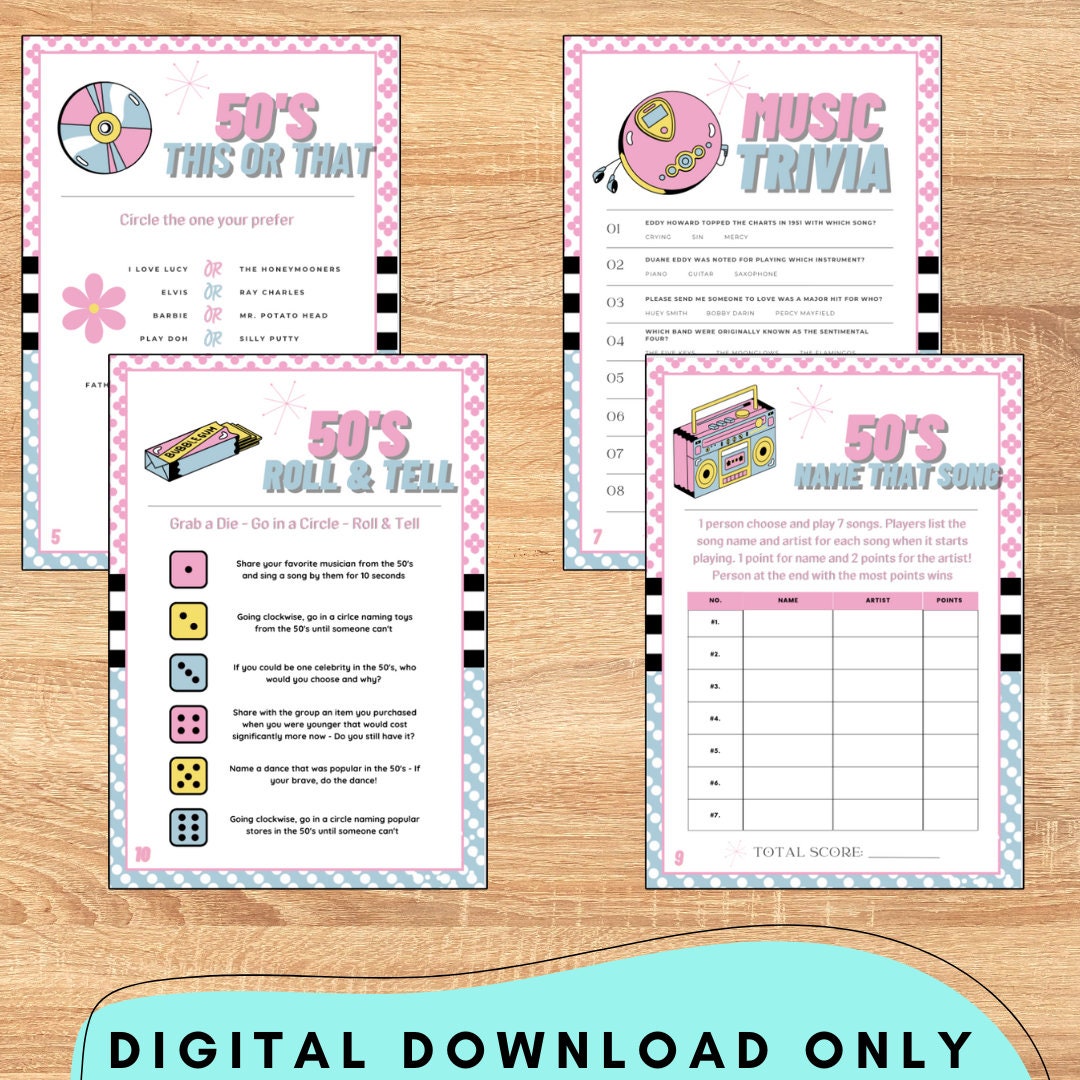 50s Games Bundle Printable, 50s Activities, 50s Party Games, 50s Trivia ...
