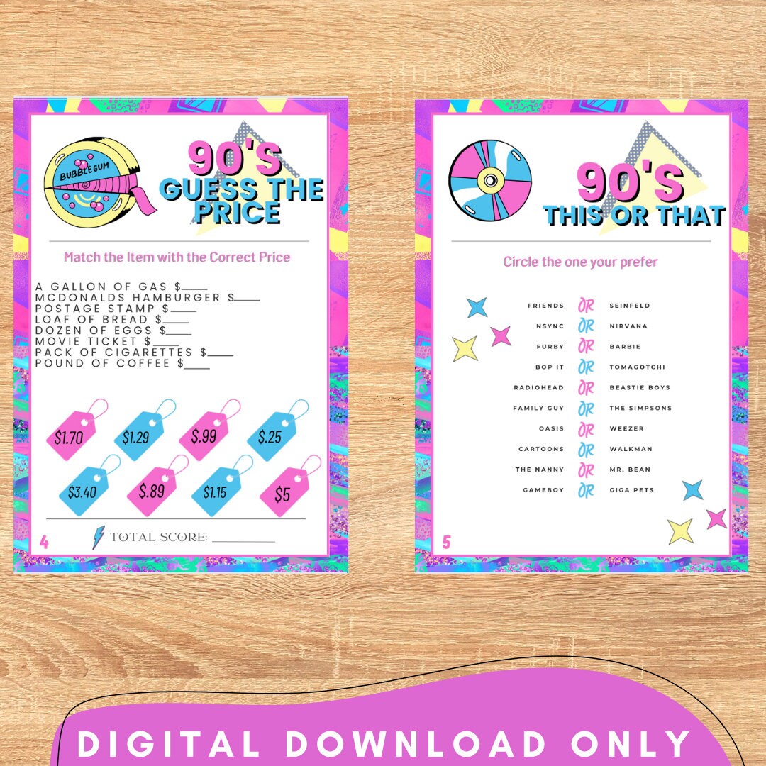 90s Games Bundle Printable, 90s Party Games, 90s Trivia, 90s Activities ...