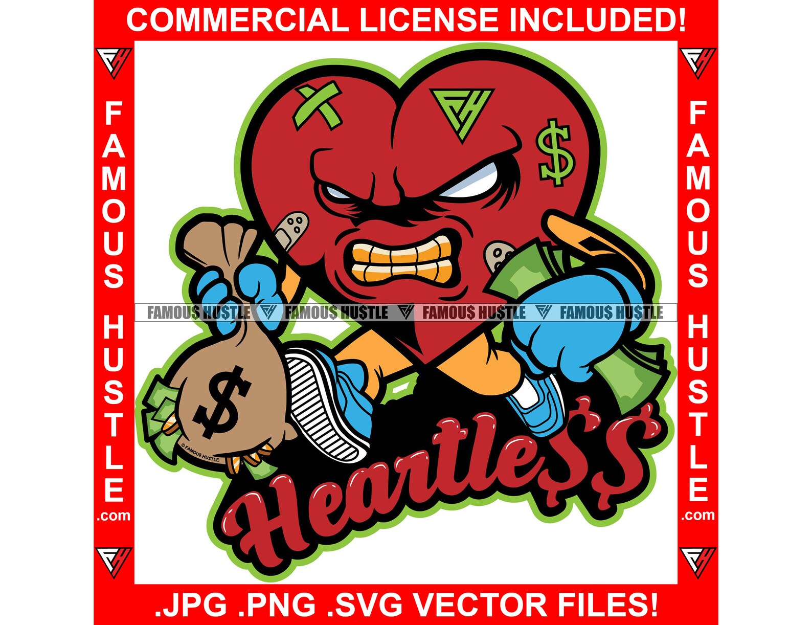 Heartless Gangster Heart Character Face Tattoo Money Bag Cash - Etsy