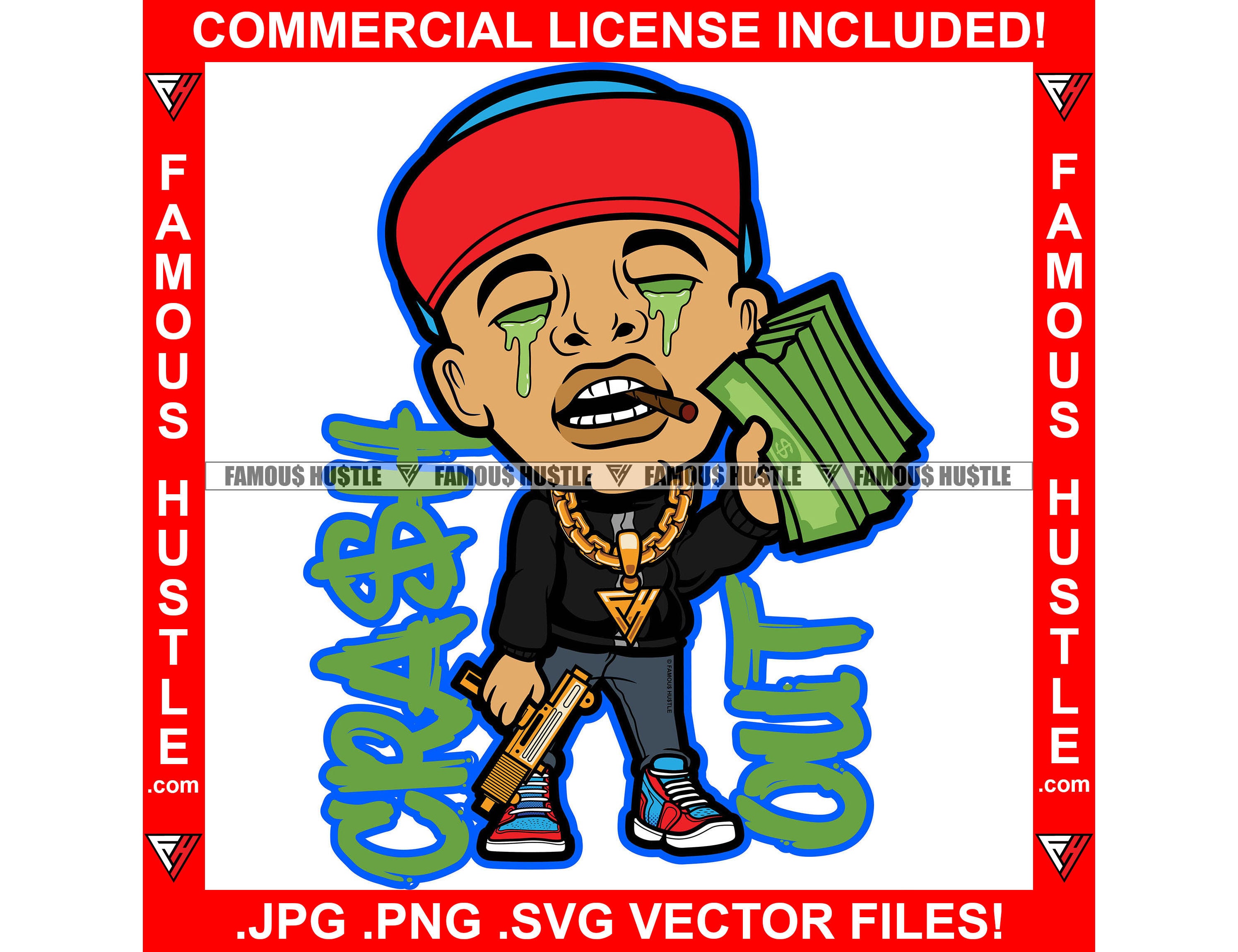 Crash Out Hustle Gangster Rapper Green Slime Eyes Drip Gold Machine Gun ...