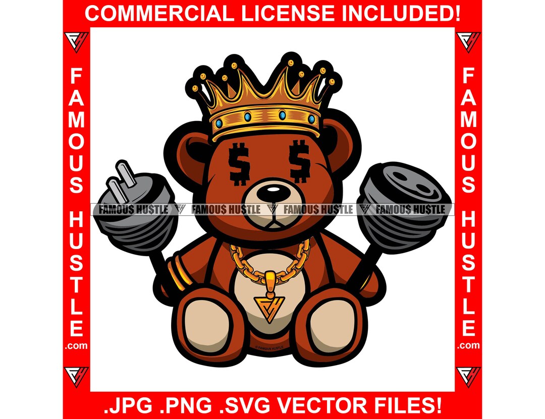 Gangster Teddy Bear King Dollar Sign Eye Holding Plug Cord Wearing Gold ...