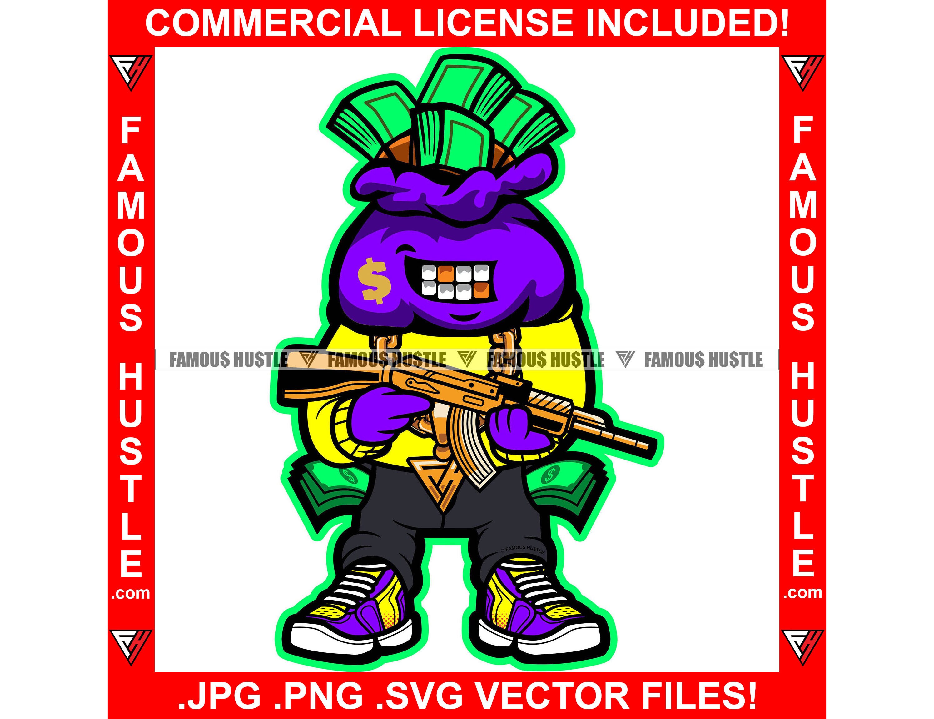 Gangster Money Bag Cartoon Character Gold Teeth Machine Gun - Etsy