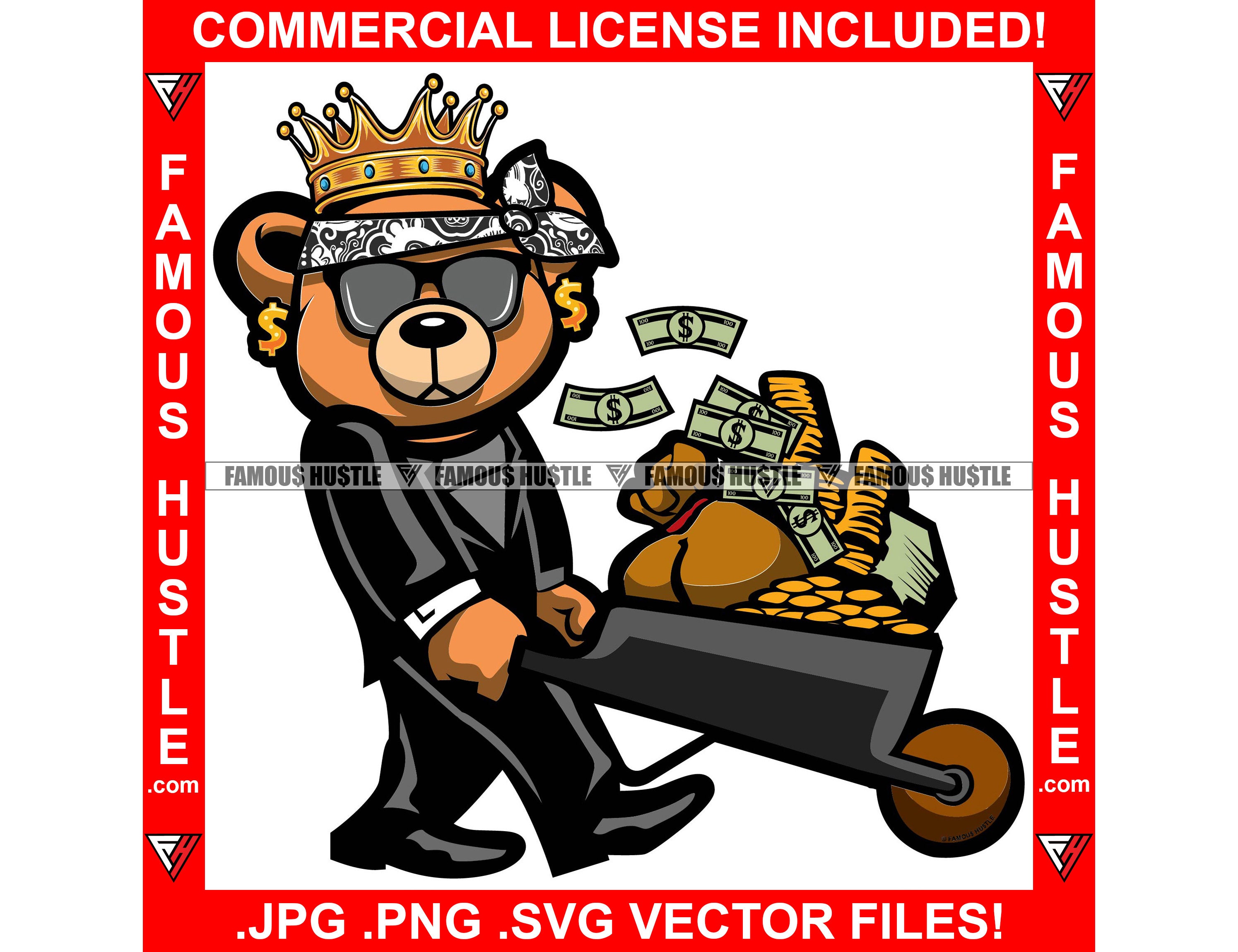 Gangster Teddy Bear Tuxedo Wheelbarrow Cash Money Bag Gold Coin Hustle ...