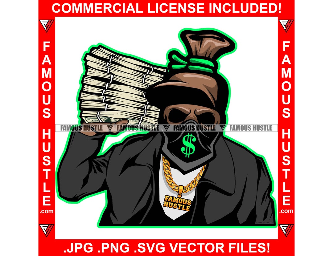 Gangster Money Bag Cartoon Character Burglar Mask Holding Cash Stack ...