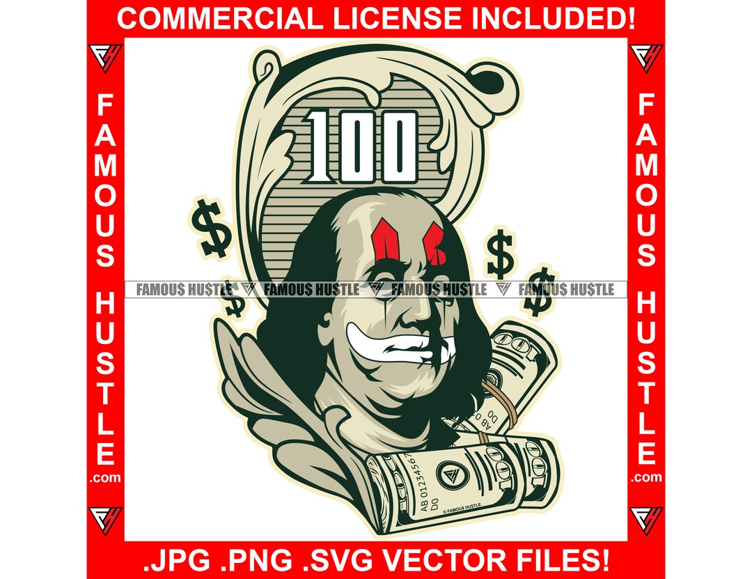 Cash Money Gangster Ben Franklin Clown Face Dollar Sign Scroll Hip Hop ...