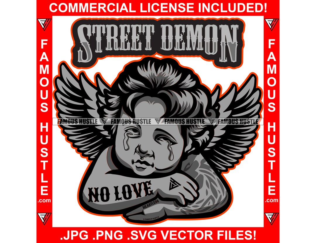 Street Demon Famous Hustle Angel Statue No Love Tattoo Crying Wings ...