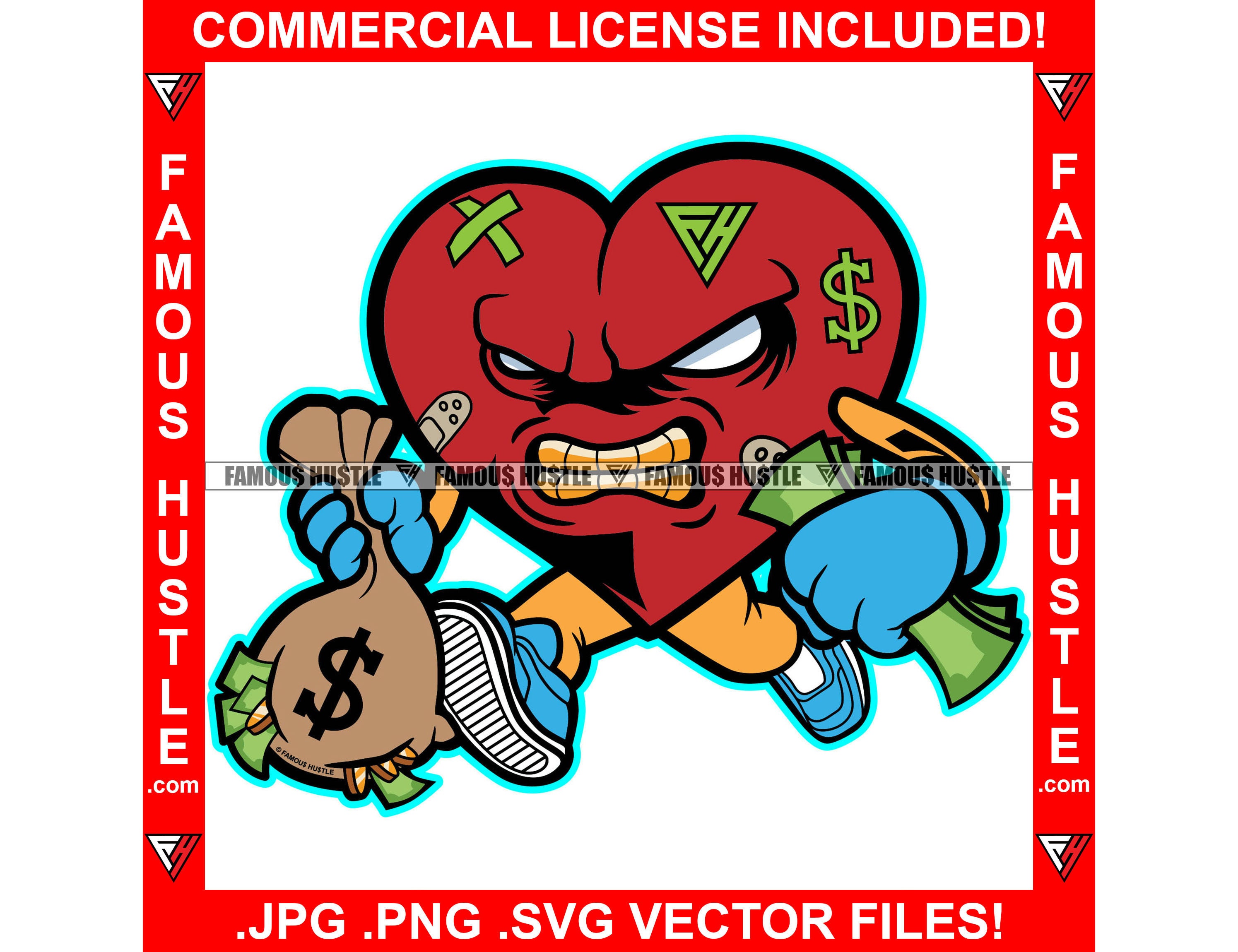 Gangster Heart Gold Teeth Cartoon Character Face Tattoo Money - Etsy