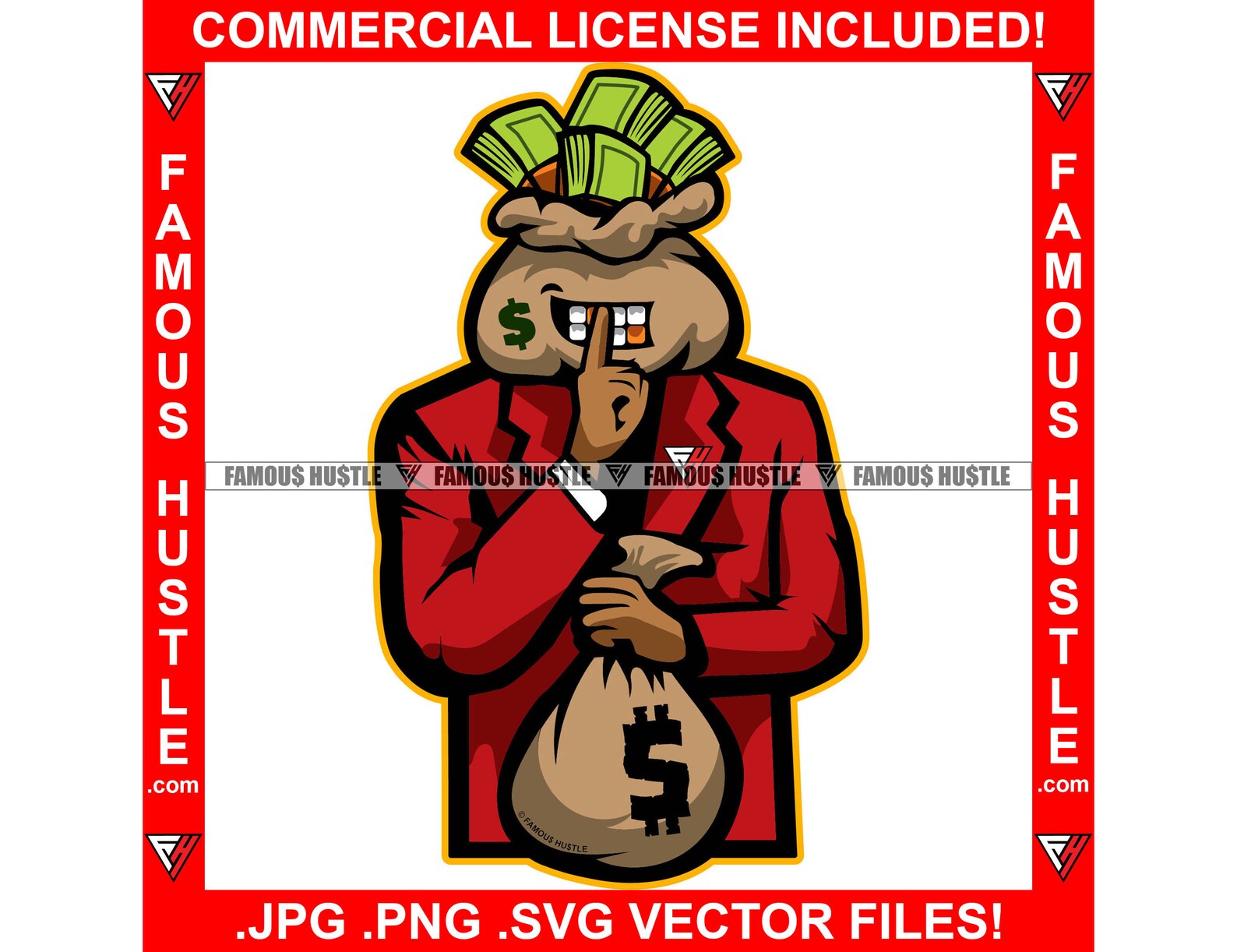 Famous Hustle Gangster Money Bag Head Suit Gold Teeth Shhh - Etsy