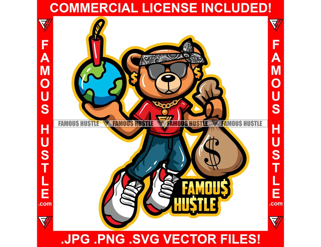 Famous Hustle Gangster Teddy Bear Paisley Bandana Sunglasses Cash Bag ...