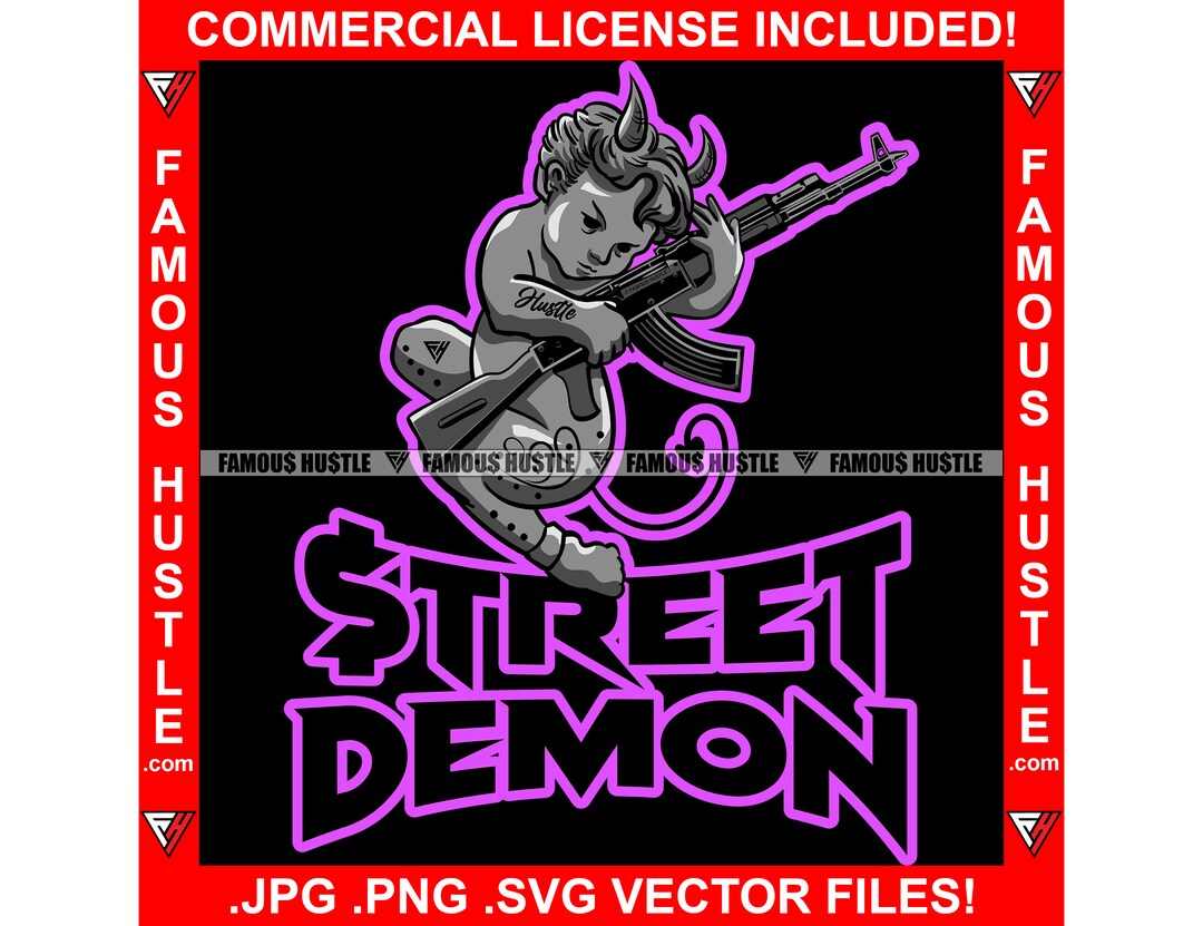 Street Demon Gangster Devil Wings Statue Tattoos Ak-47 Machine Gun ...