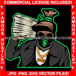 Gangster Money Bag Cartoon Character Burglar Mask Holding Cash Stack ...