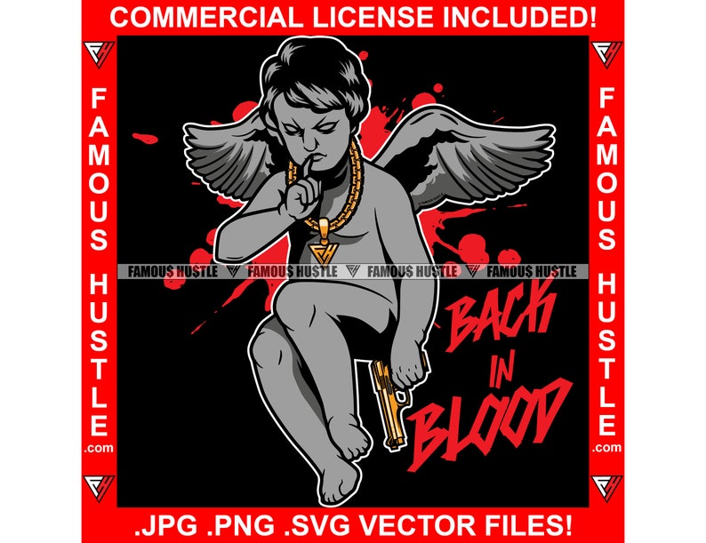 Back in Blood Gangster Angel Wings Statue Gold Gun Necklace Shhh Finger ...