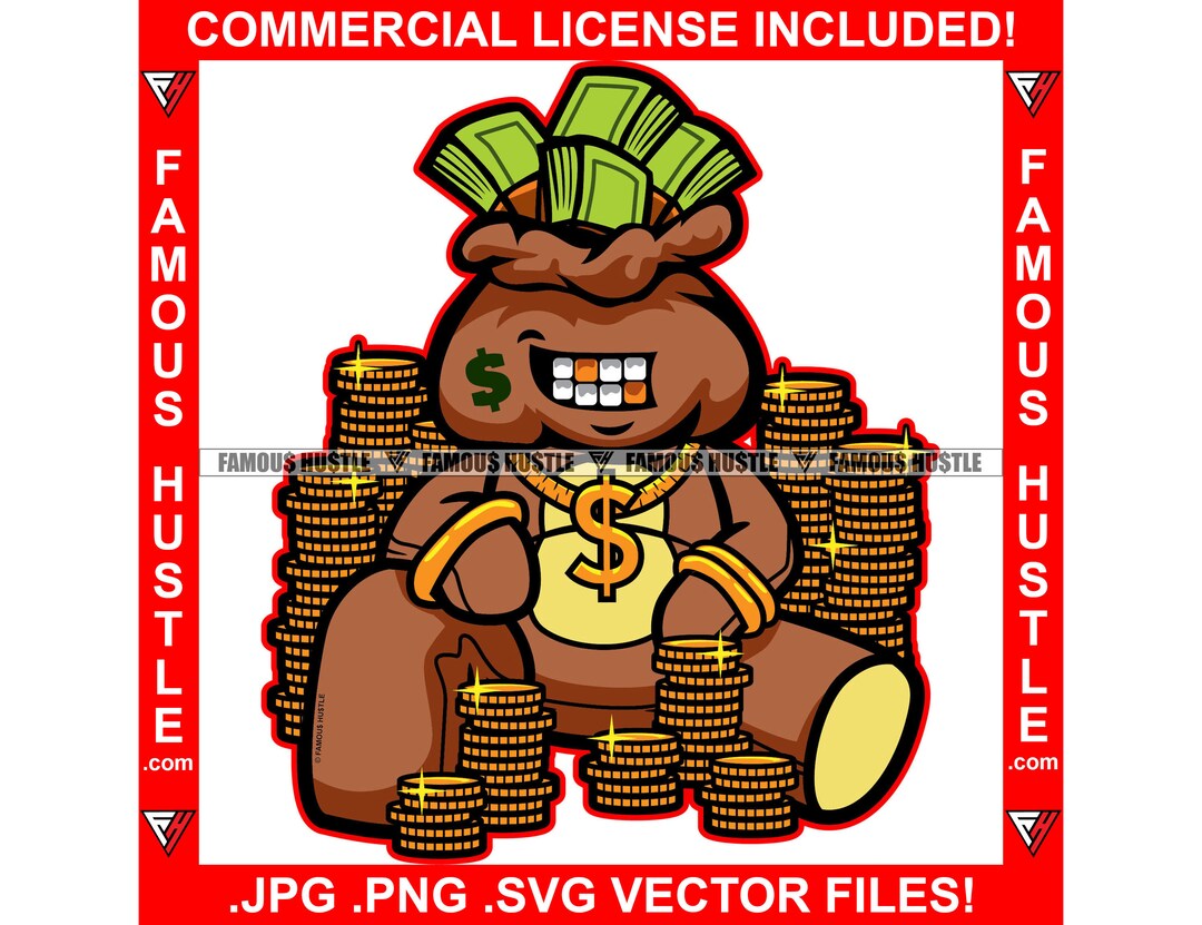 Famous Hustle Gangster Money Bag Head Dollar Sign Gold Necklace Coins ...