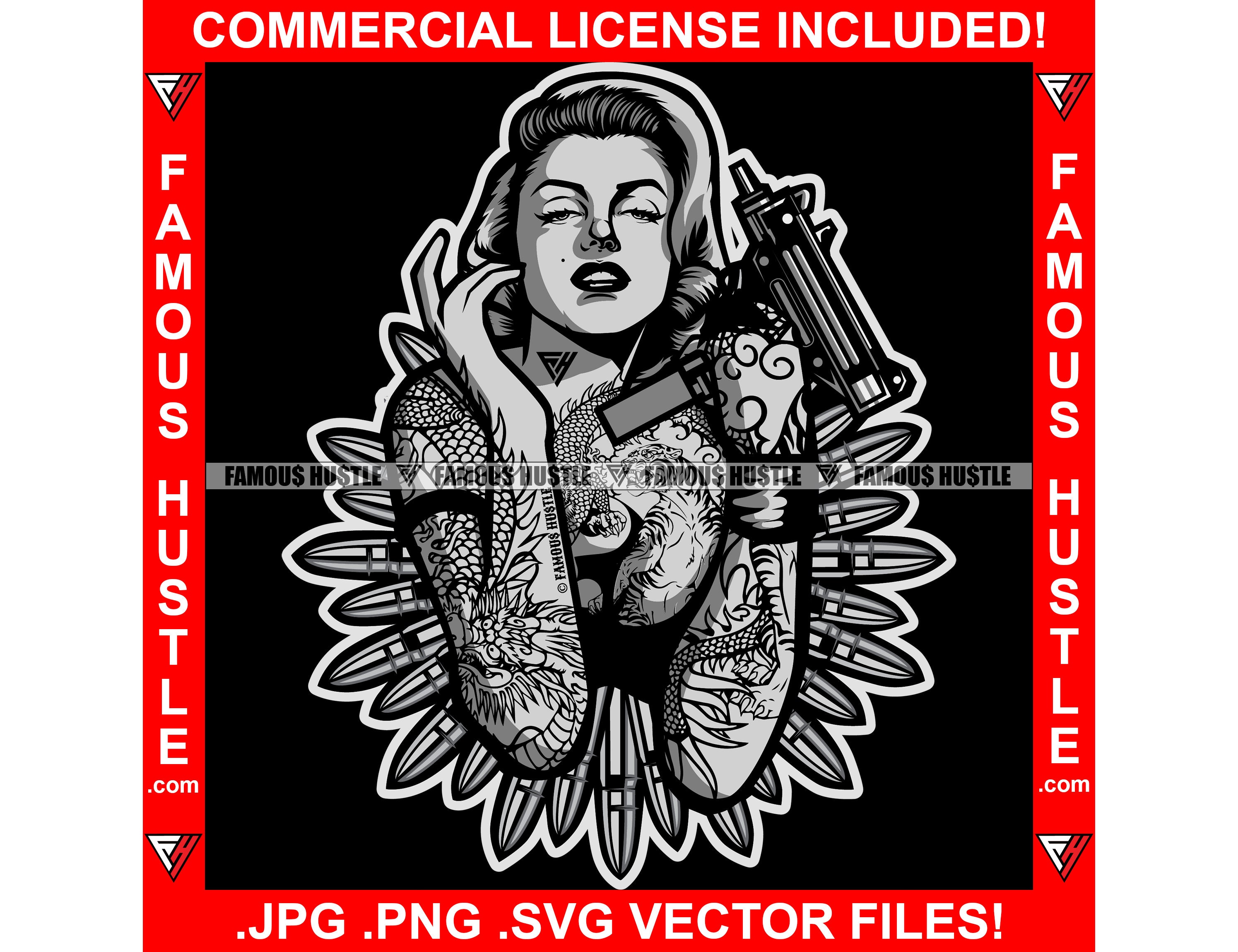 Super Hot Badass Woman Uzi Machine Gun Tattoos Bullet Designer Fashion ...
