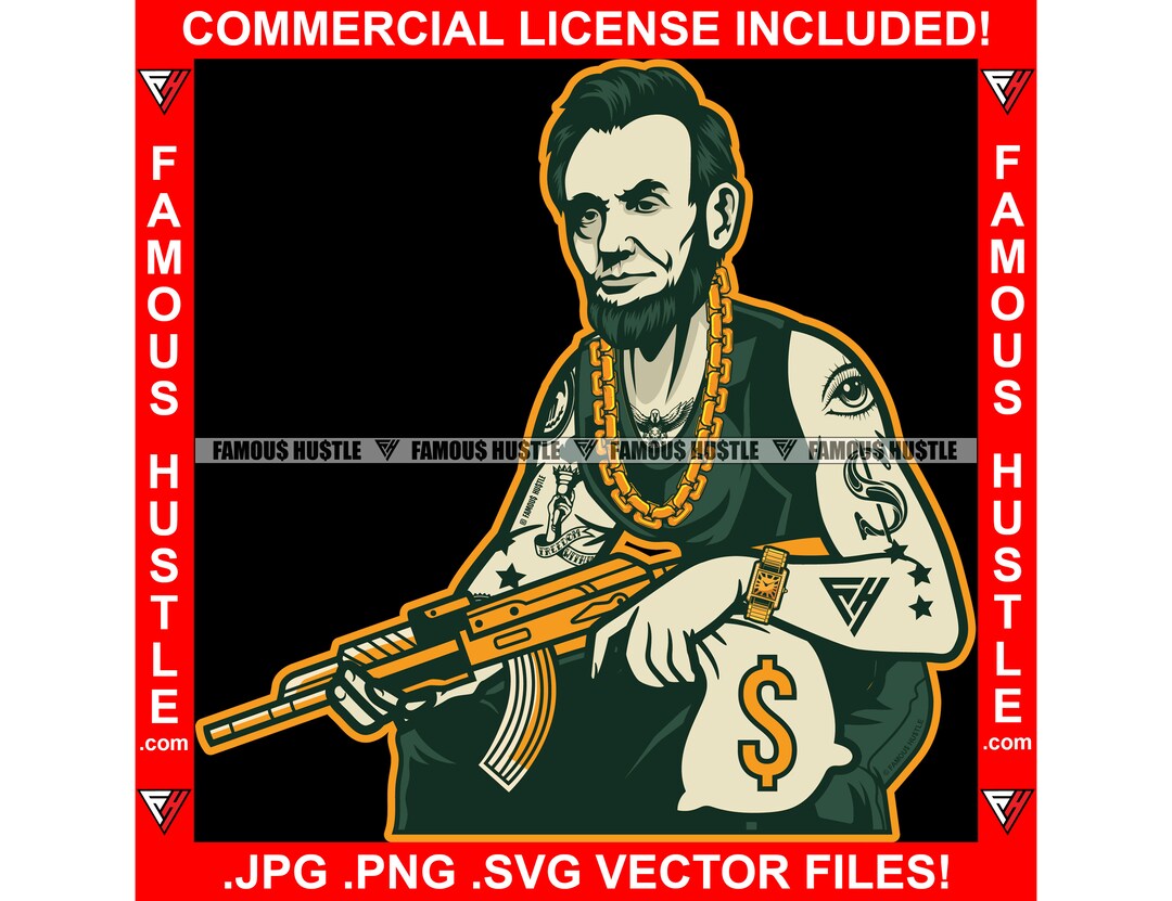 Gangster Abe Lincoln Tattoos Gold Necklace Money Bag Machine Gun Savage ...