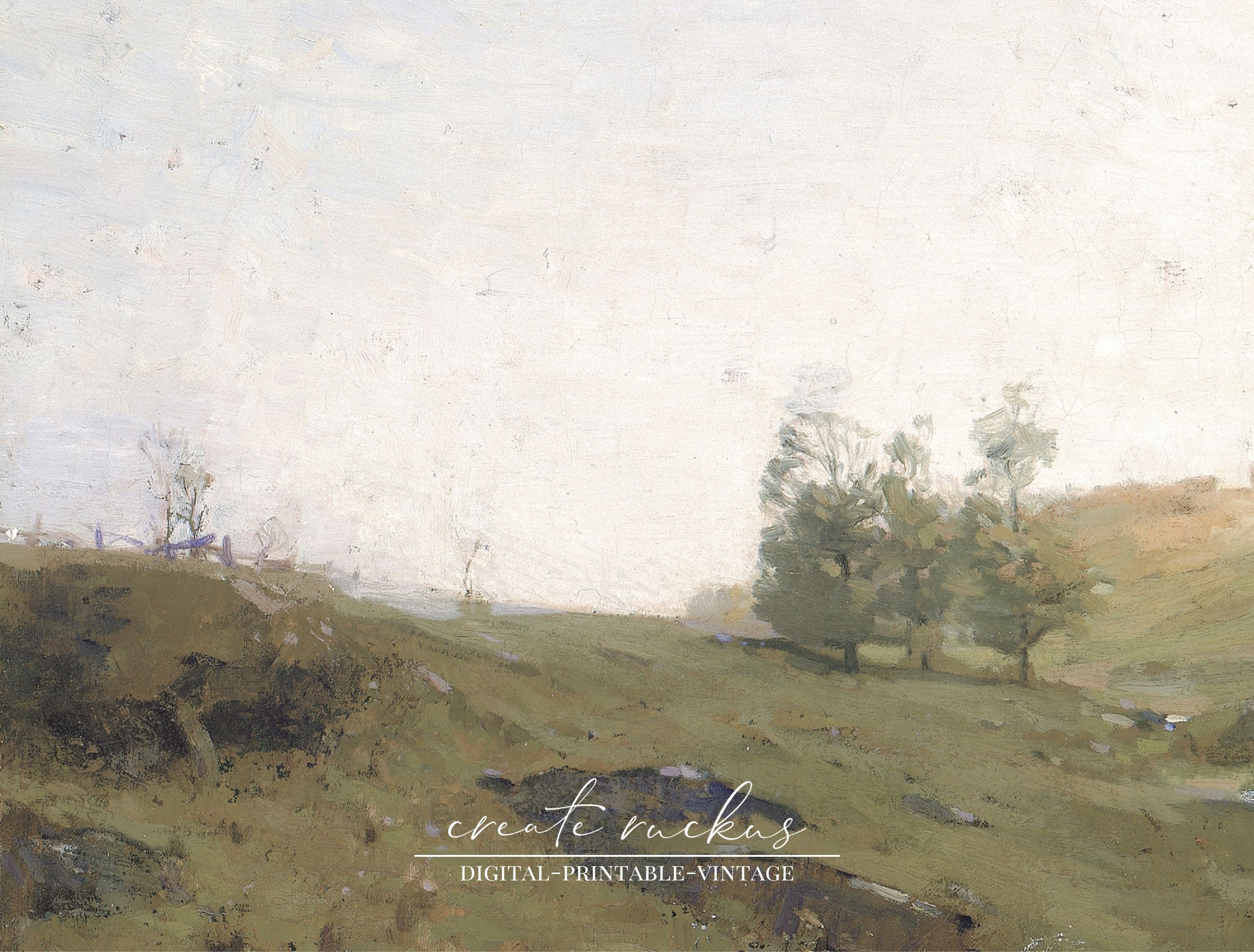 The Three Trees Vintage Art Printable Download Green Landscape, Neutral ...