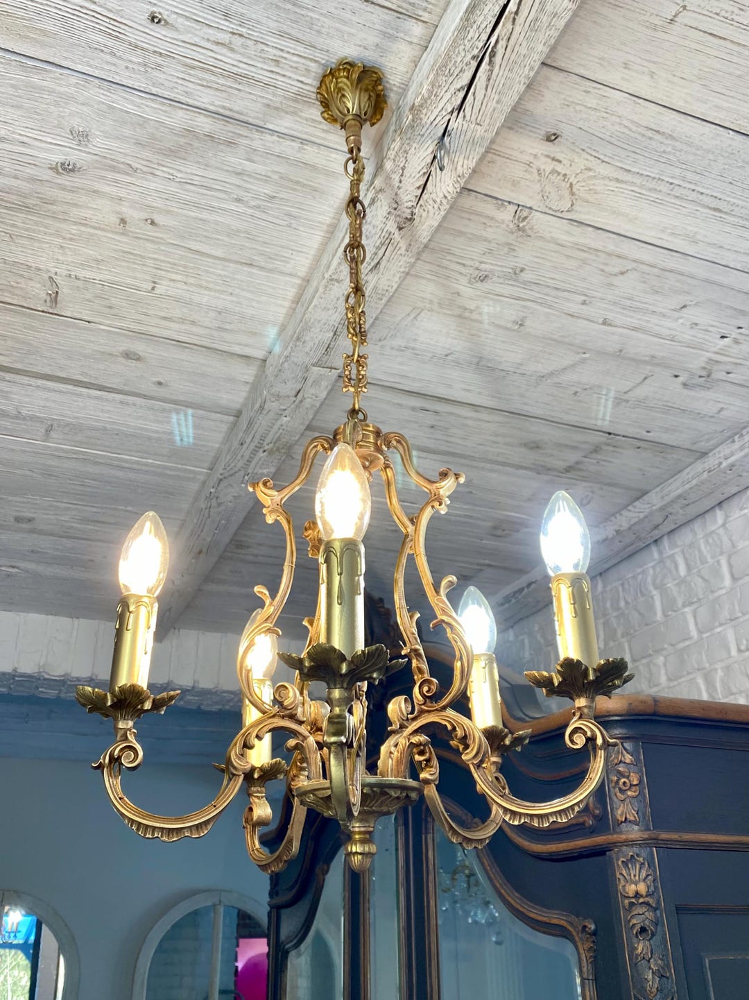 Antique Chandelier 5 Arms Brass France, Vintage Light, Ceiling Lighting ...