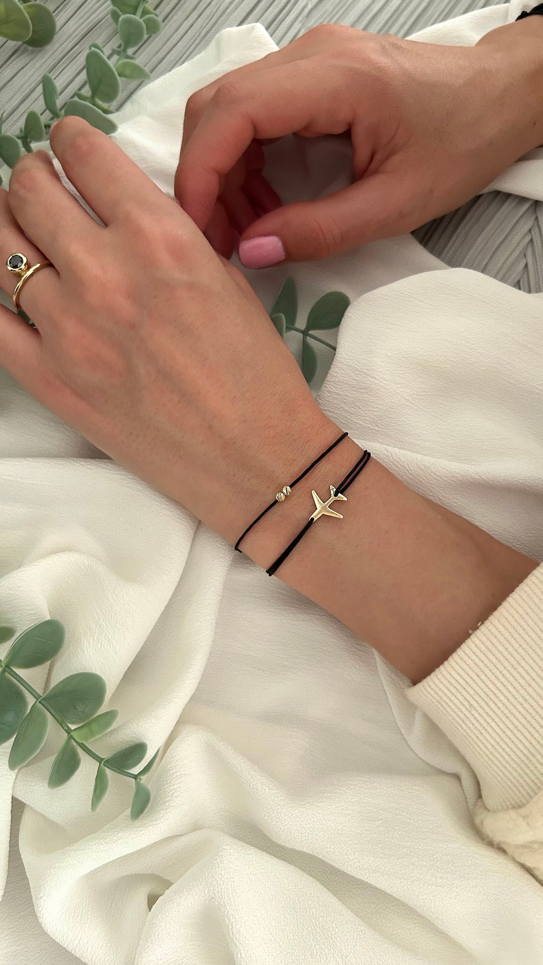 14K Solid Gold Airplane Bracelet for Women,adjustable String Charm ...