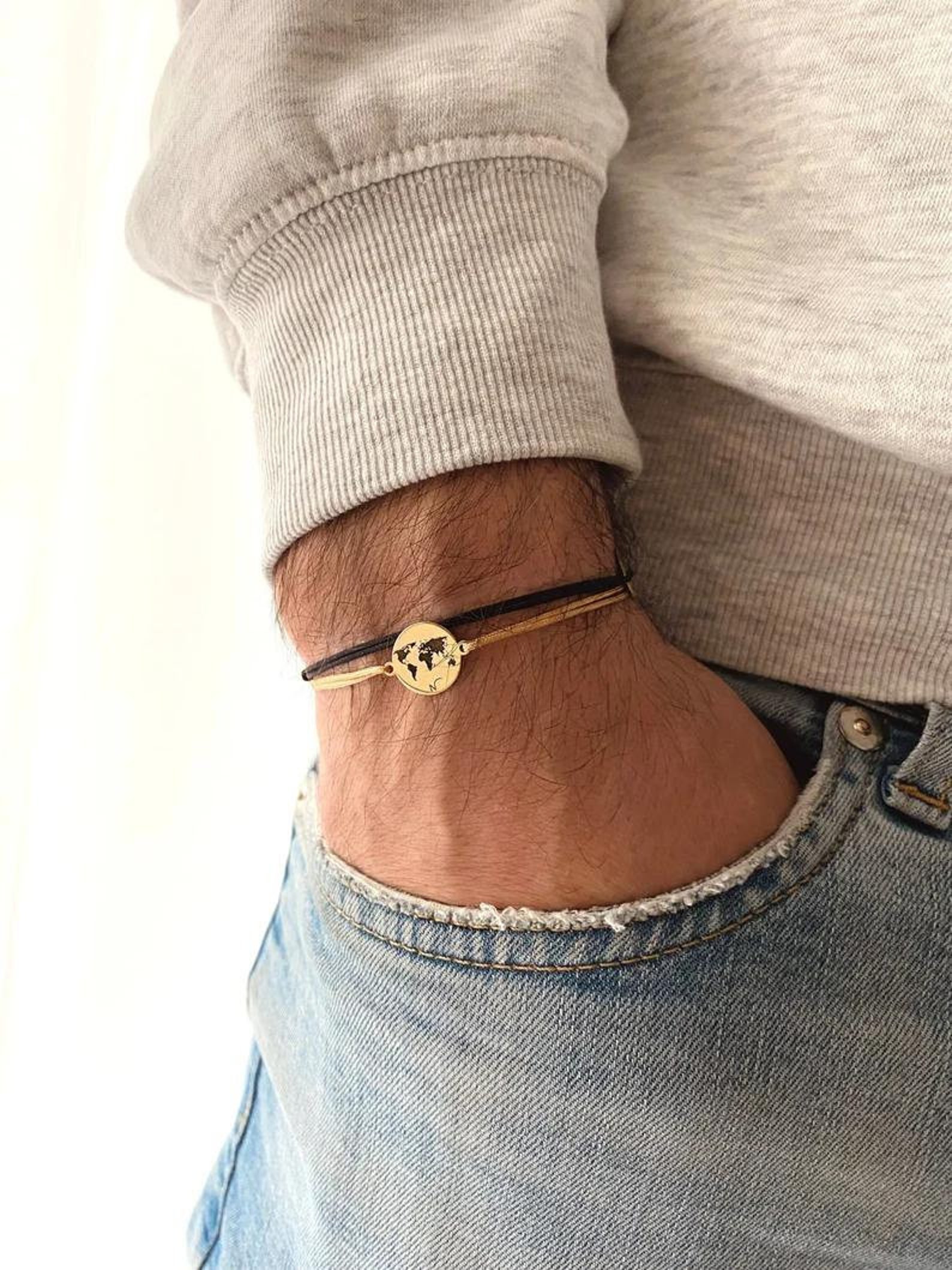 Solid 14K Gold World Map Charm Matching Couples Bracelet Set, His and ...