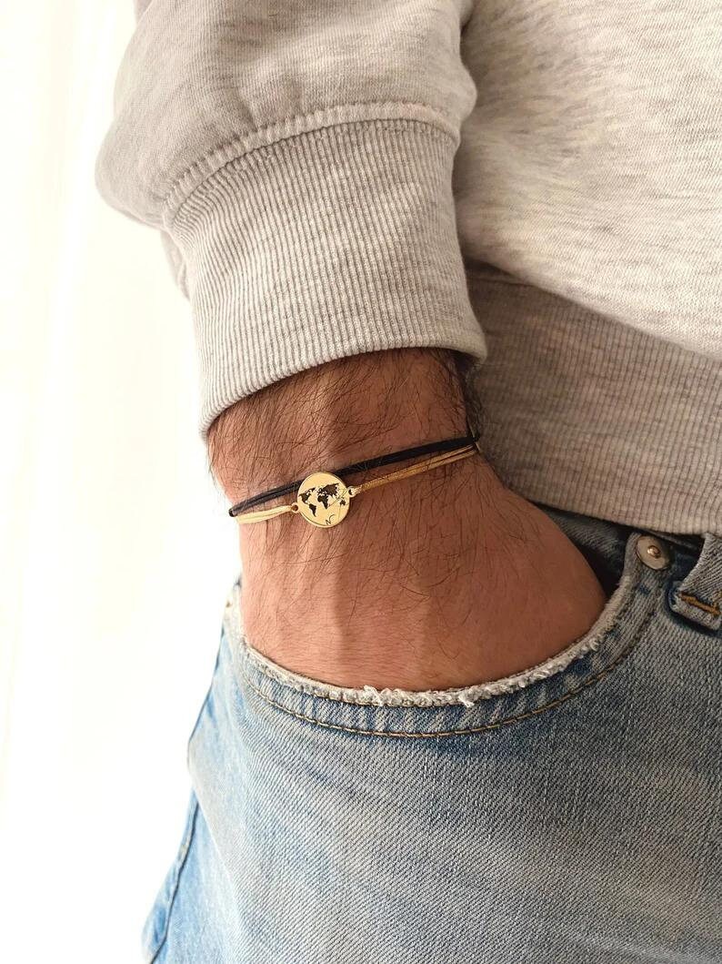 Solid 14K Gold World Map Charm Matching Couples Bracelet Set, His and ...