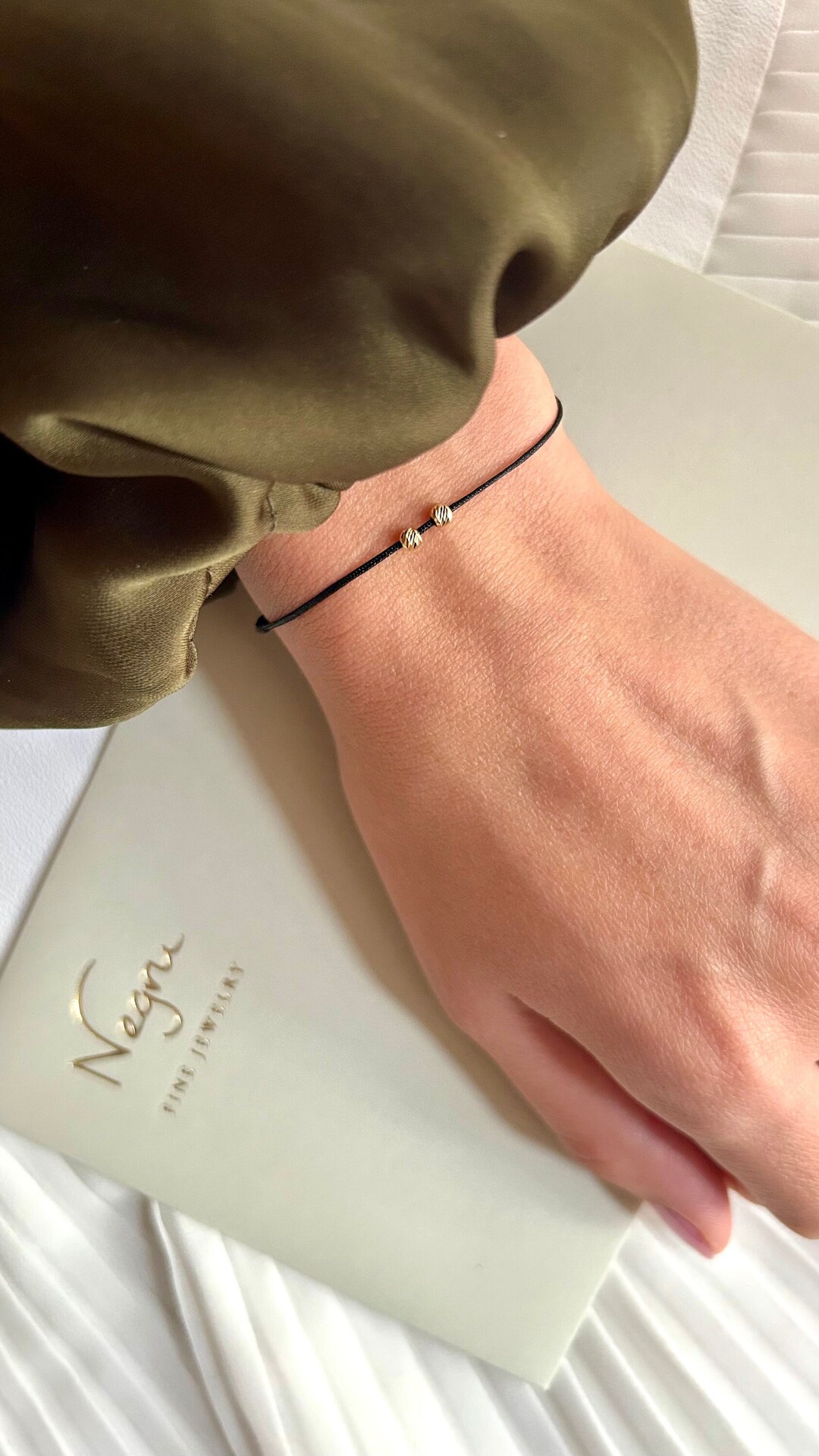Womens String Bracelet With 2 Solid 18k Gold Beads, Minimalist Wish ...