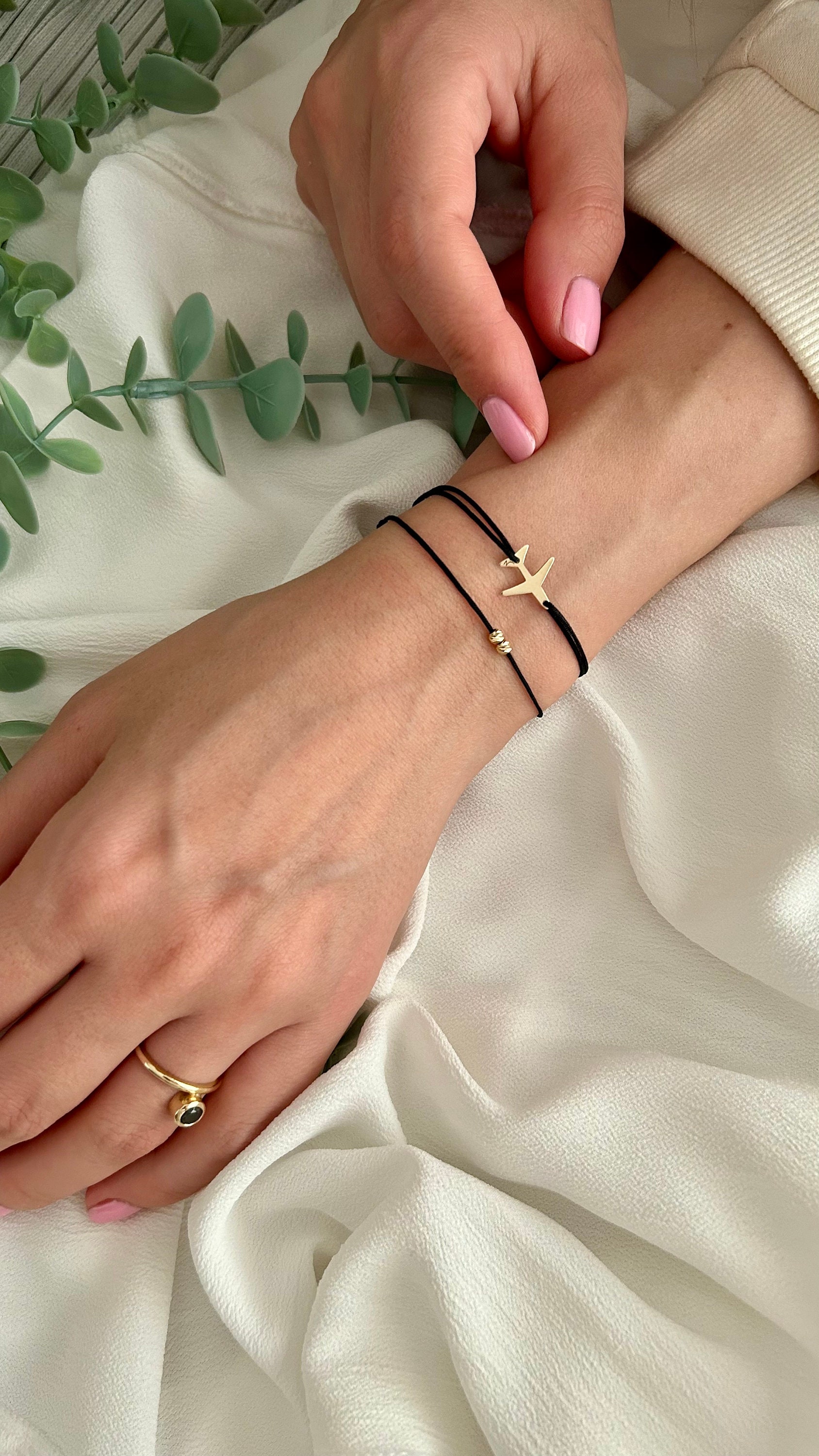 Solid 14K Gold Airplane Charm Matching Bracelet Set, Perfect Couples ...