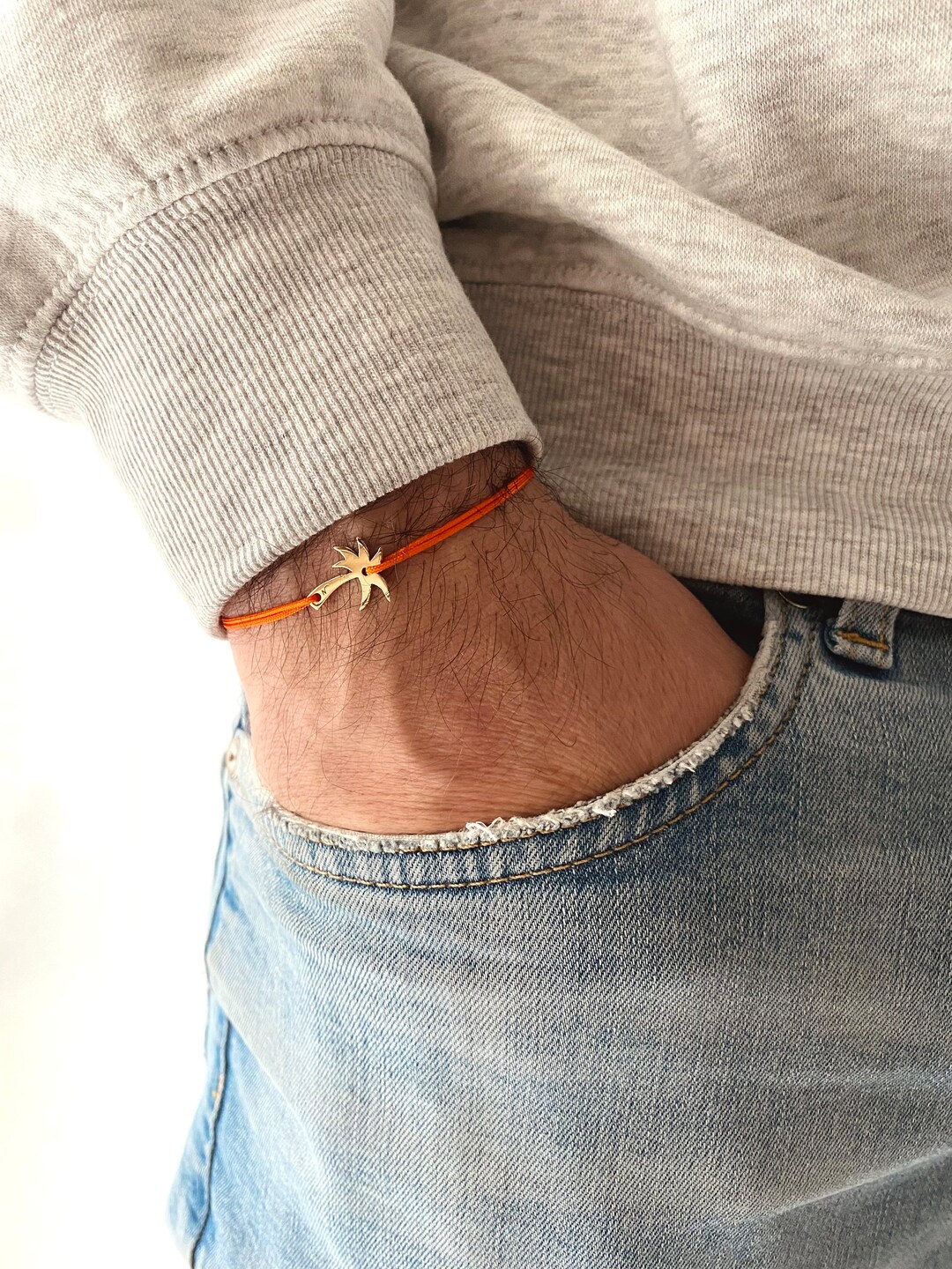 Mens Bracelet Palm Tree Charm in Solid 14K Gold,adjustable String ...