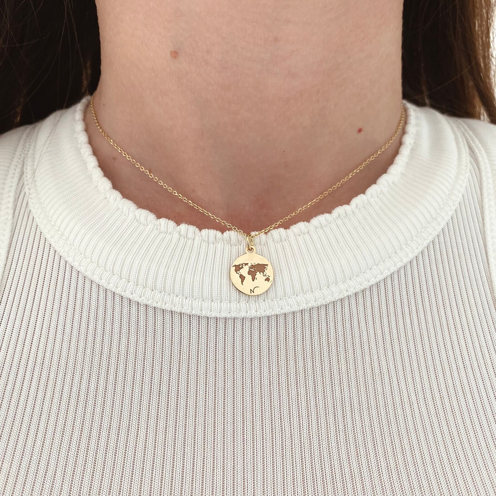 World Map Necklace in 14k Solid Gold,dainty Cable Chain Choker ...