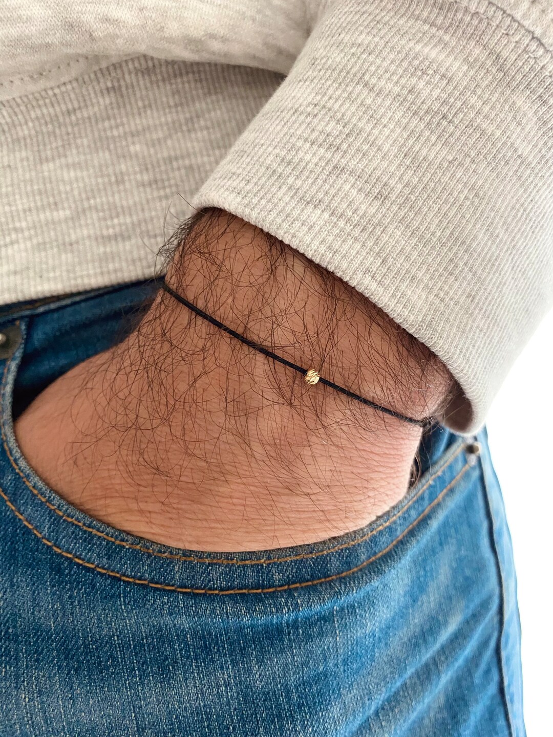 Mens String Bracelet With Solid 18k Gold Beads, Minimalist Wish ...