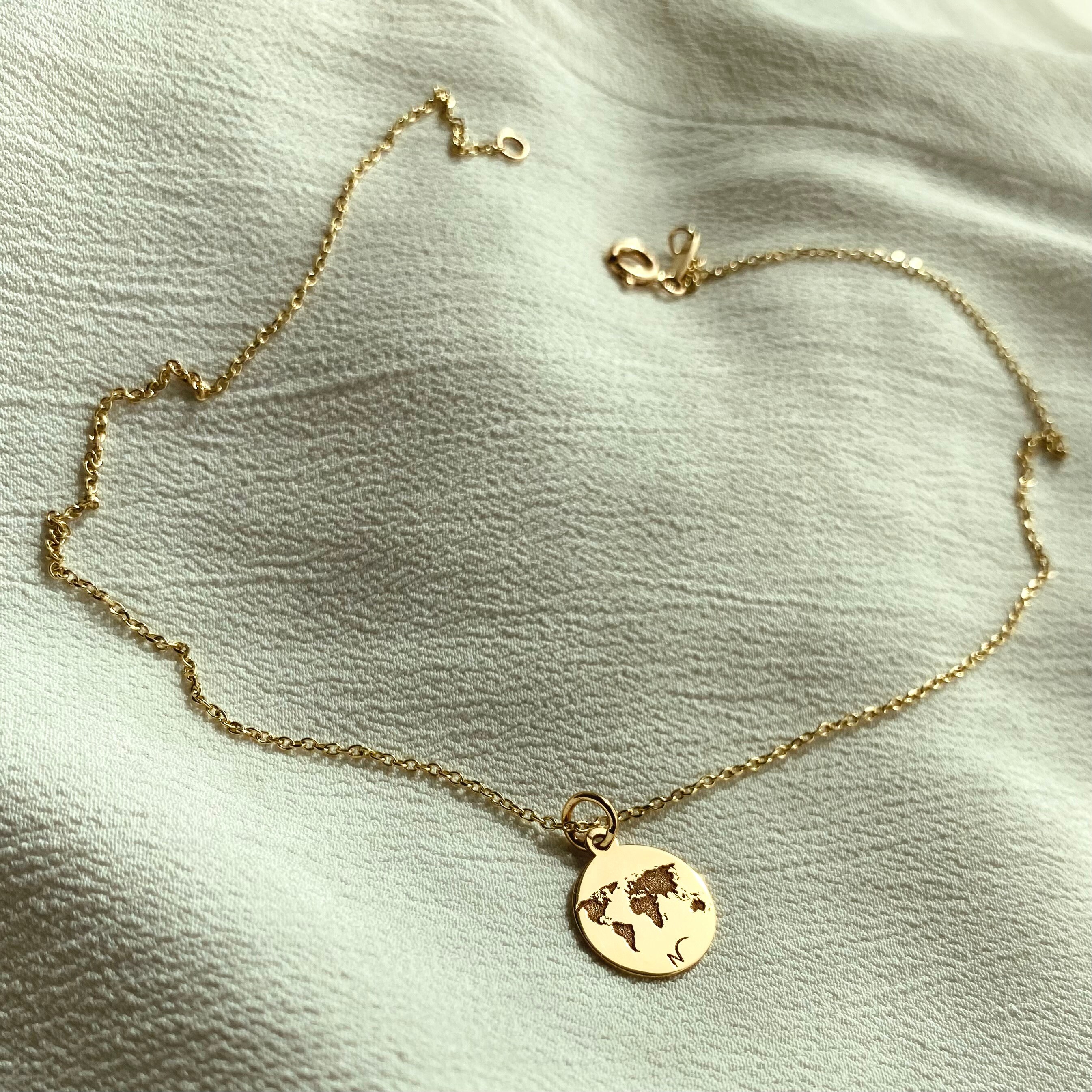 World Map Necklace in 14k Solid Gold,dainty Cable Chain Choker ...