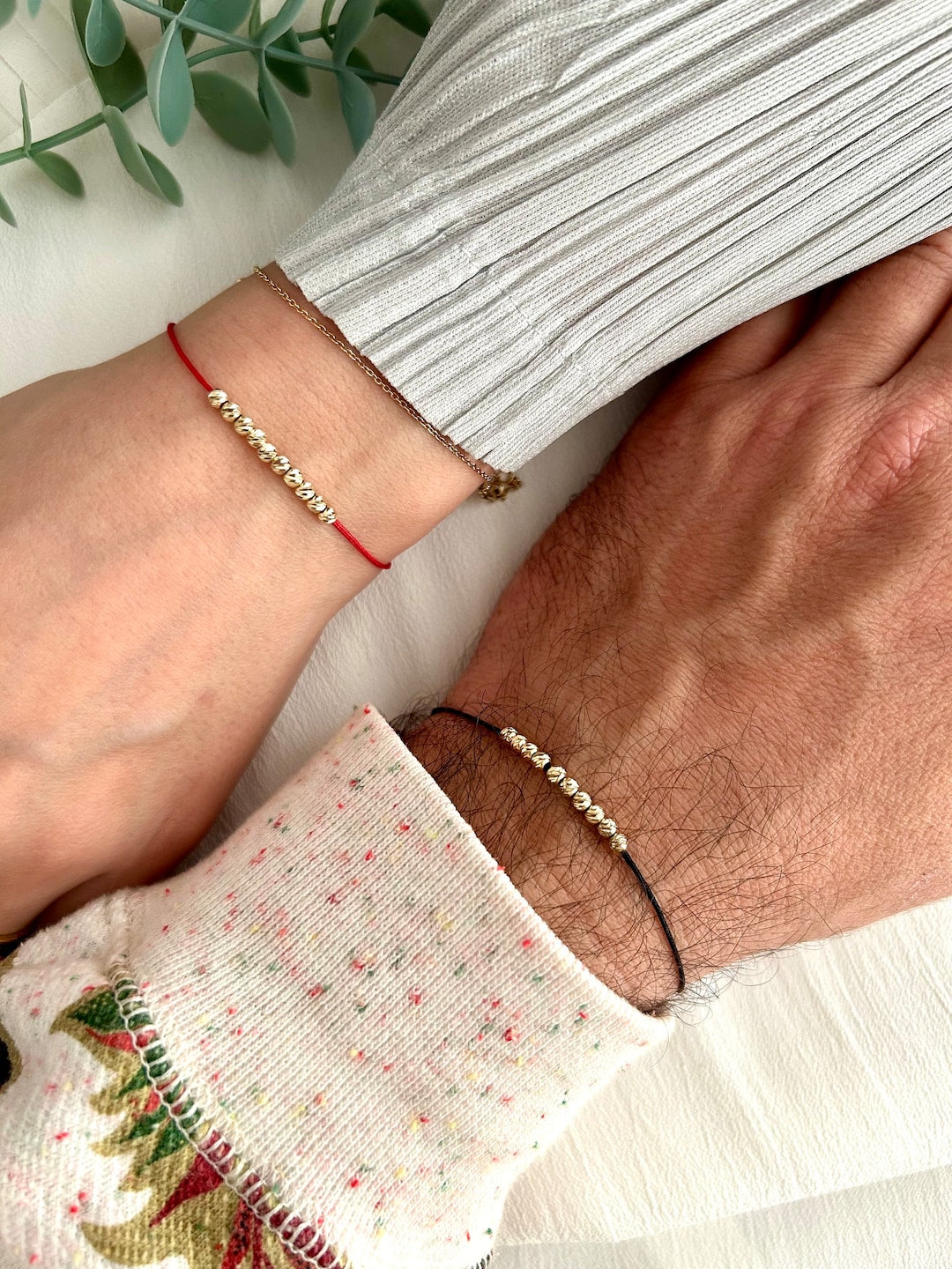 18k Solid Gold Beads Couples Bracelet Set, His and Hers Matching ...