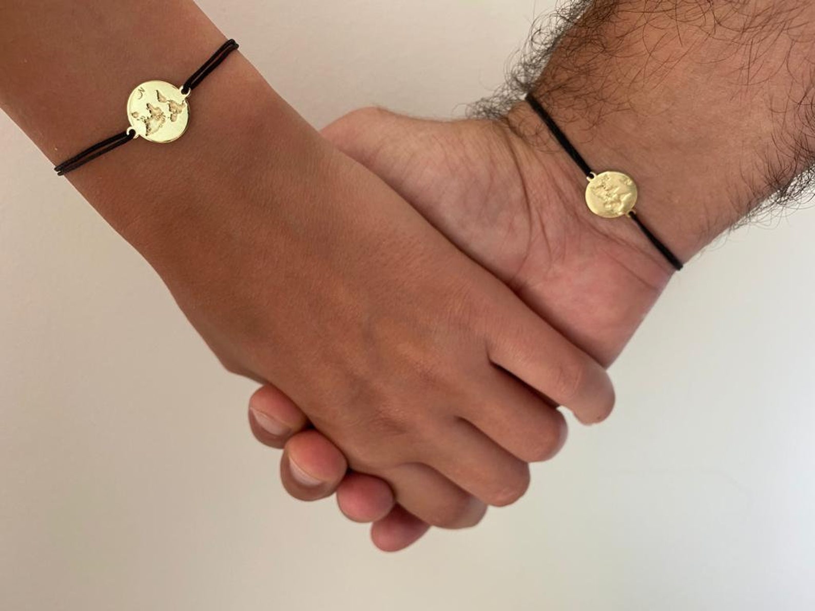 Solid 14K Gold World Map Charm Matching Couples Bracelet Set, His and ...