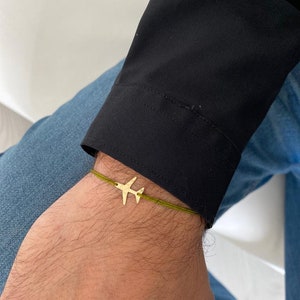 Mens Bracelet Airplane in Solid 14K Gold, Adjustable String, Pilot ...