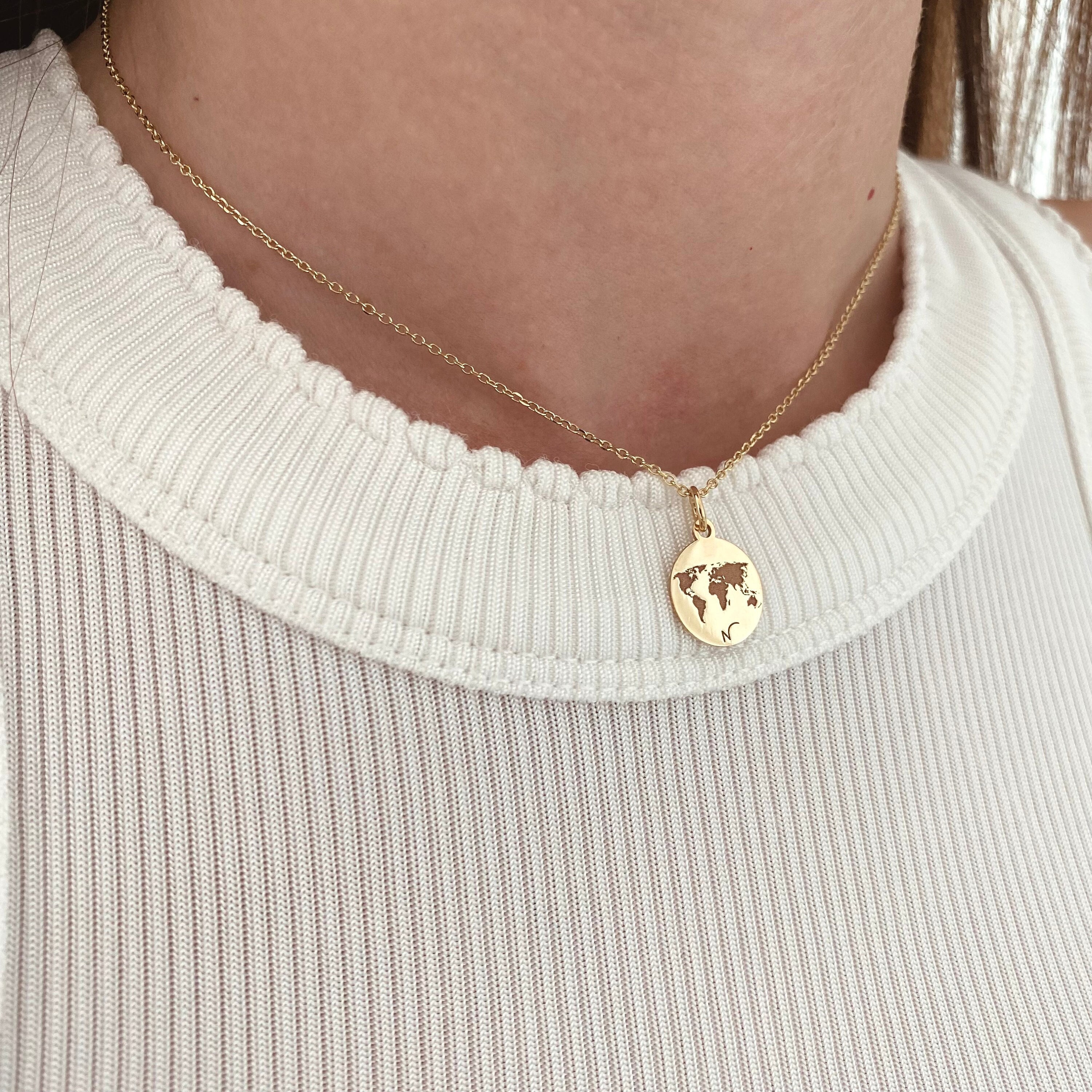 World Map Necklace in 14k Solid Gold,dainty Cable Chain Choker ...