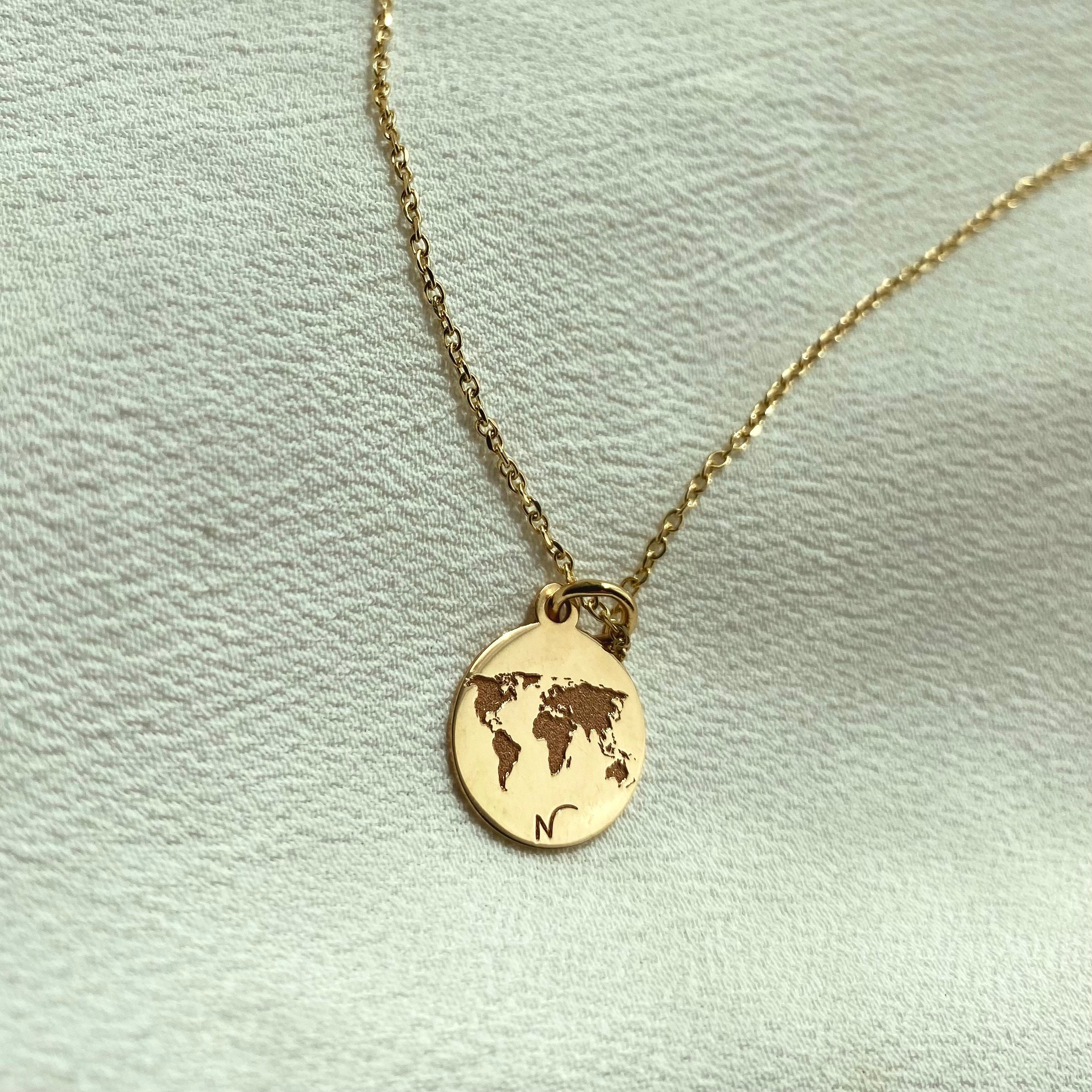 World Map Necklace in 14k Solid Gold,dainty Cable Chain Choker ...