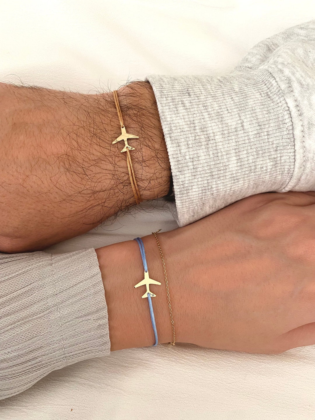 Solid 14K Gold Airplane Charm Matching Bracelet Set, Perfect Couples ...