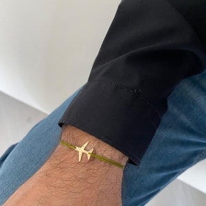 Mens Bracelet Airplane in Solid 14K Gold, Adjustable String, Pilot ...