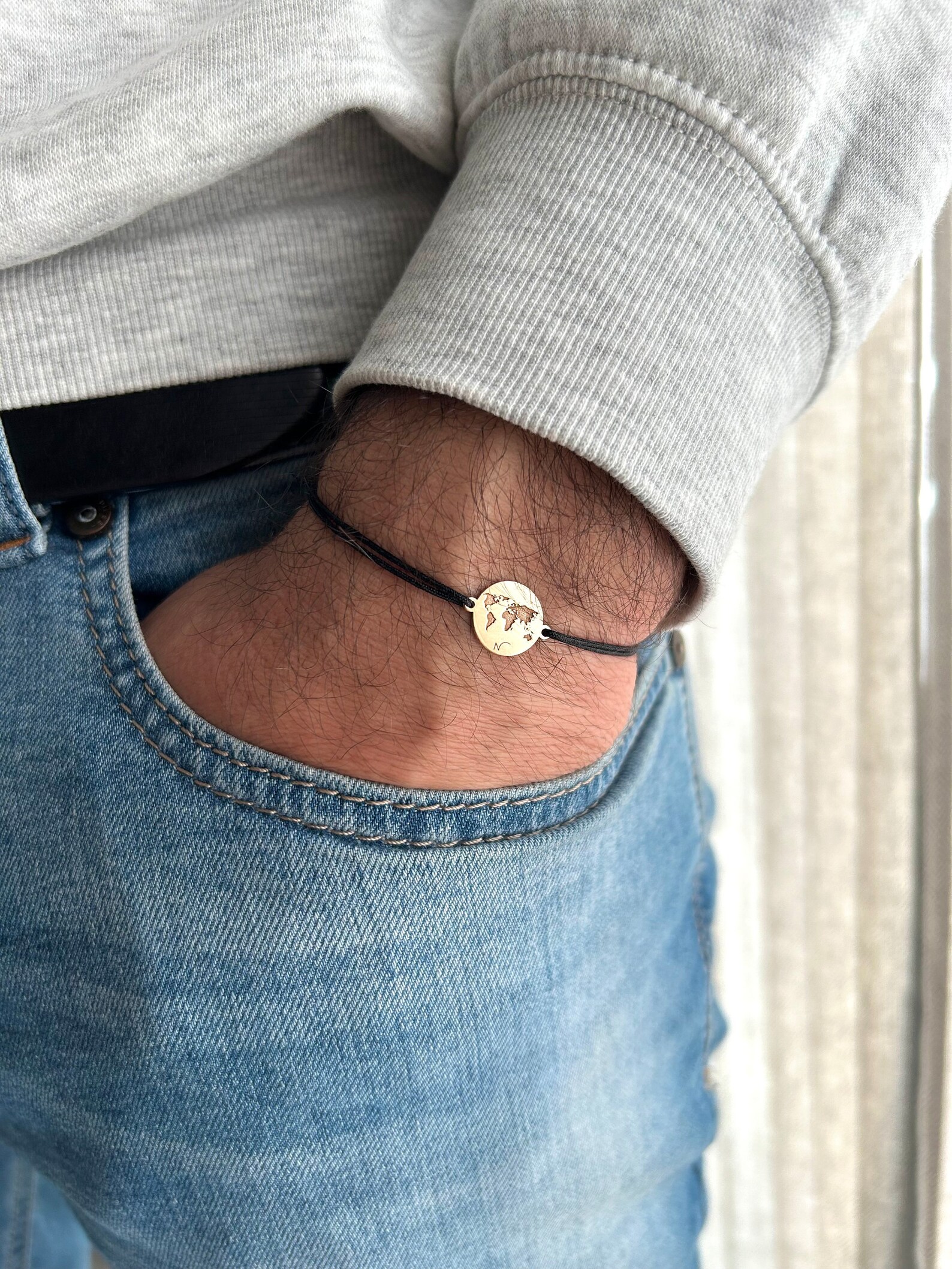 Mens Bracelet World Map in Solid 14K Gold, World Map Charm Adjustable ...