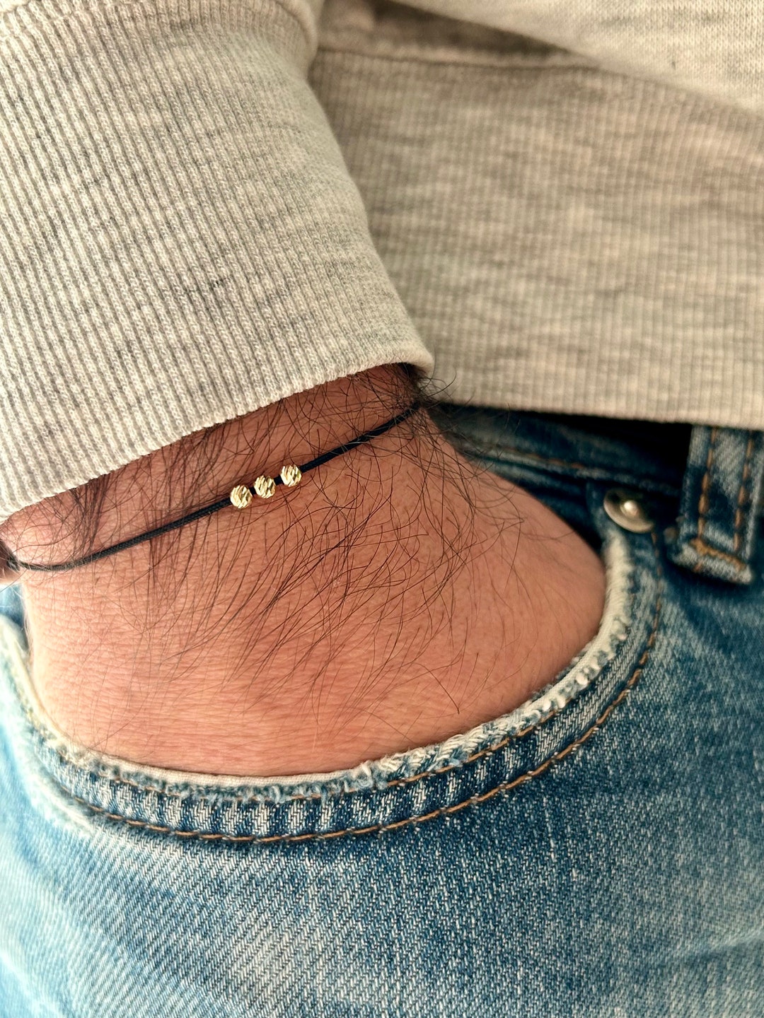 Mens String Bracelet With 3 Solid 18k Gold Beads, Minimalist Wish ...