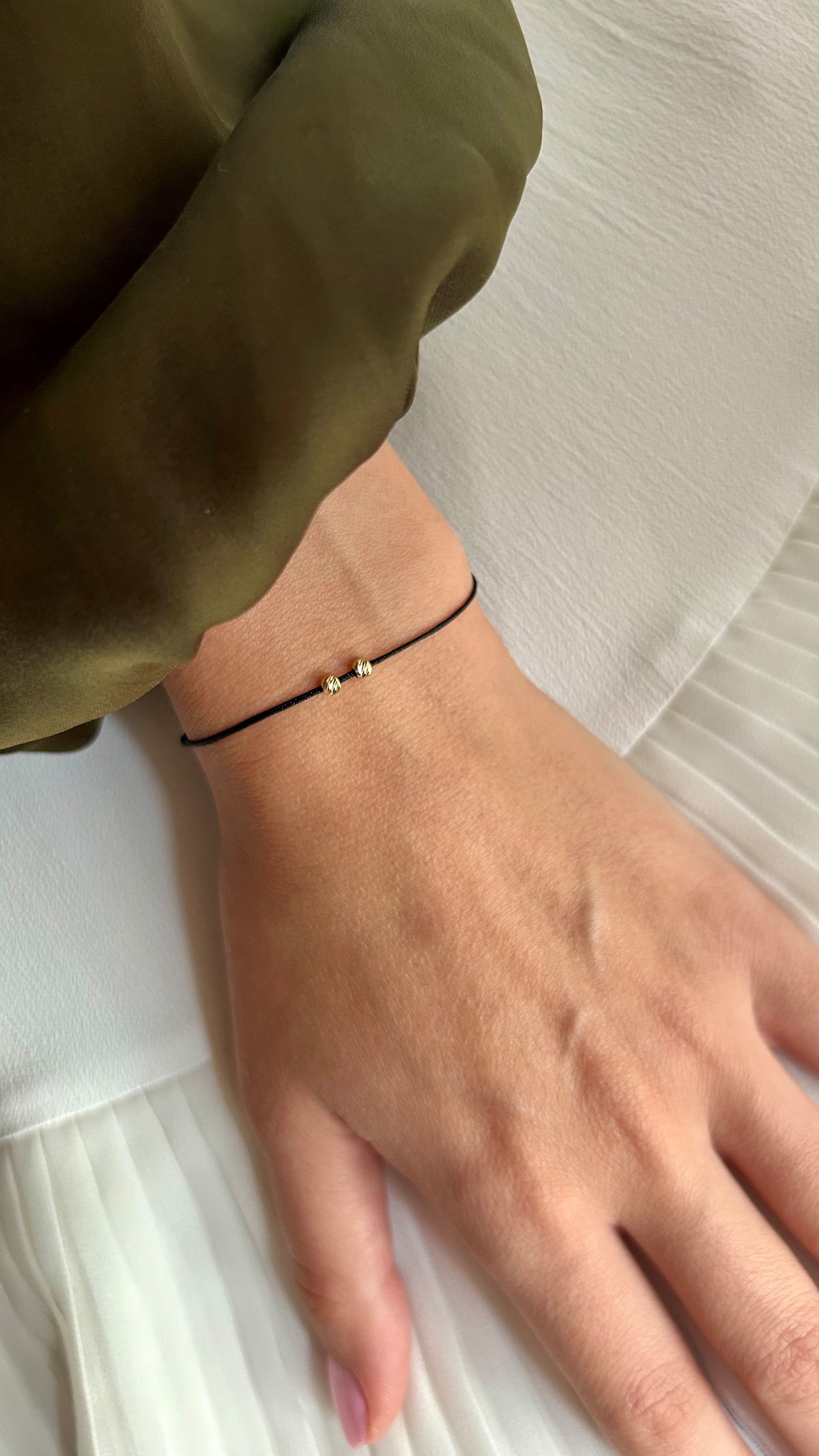 Womens String Bracelet With 2 Solid 18k Gold Beads, Minimalist Wish ...