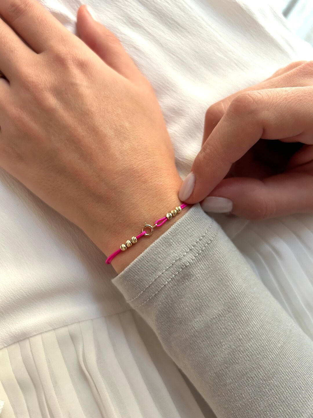 Womens String Bracelet With 14k Gold Clips and 6 Solid 18k Gold Beads ...