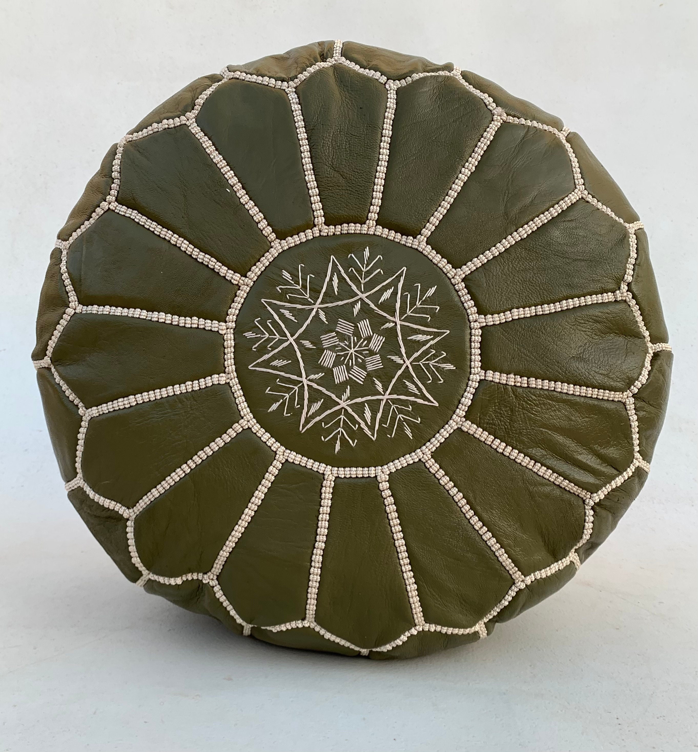 Green Olive Pouf, Moroccan Pouf, Leather Pouf, Pouf Cover, Ottoman Pouf ...